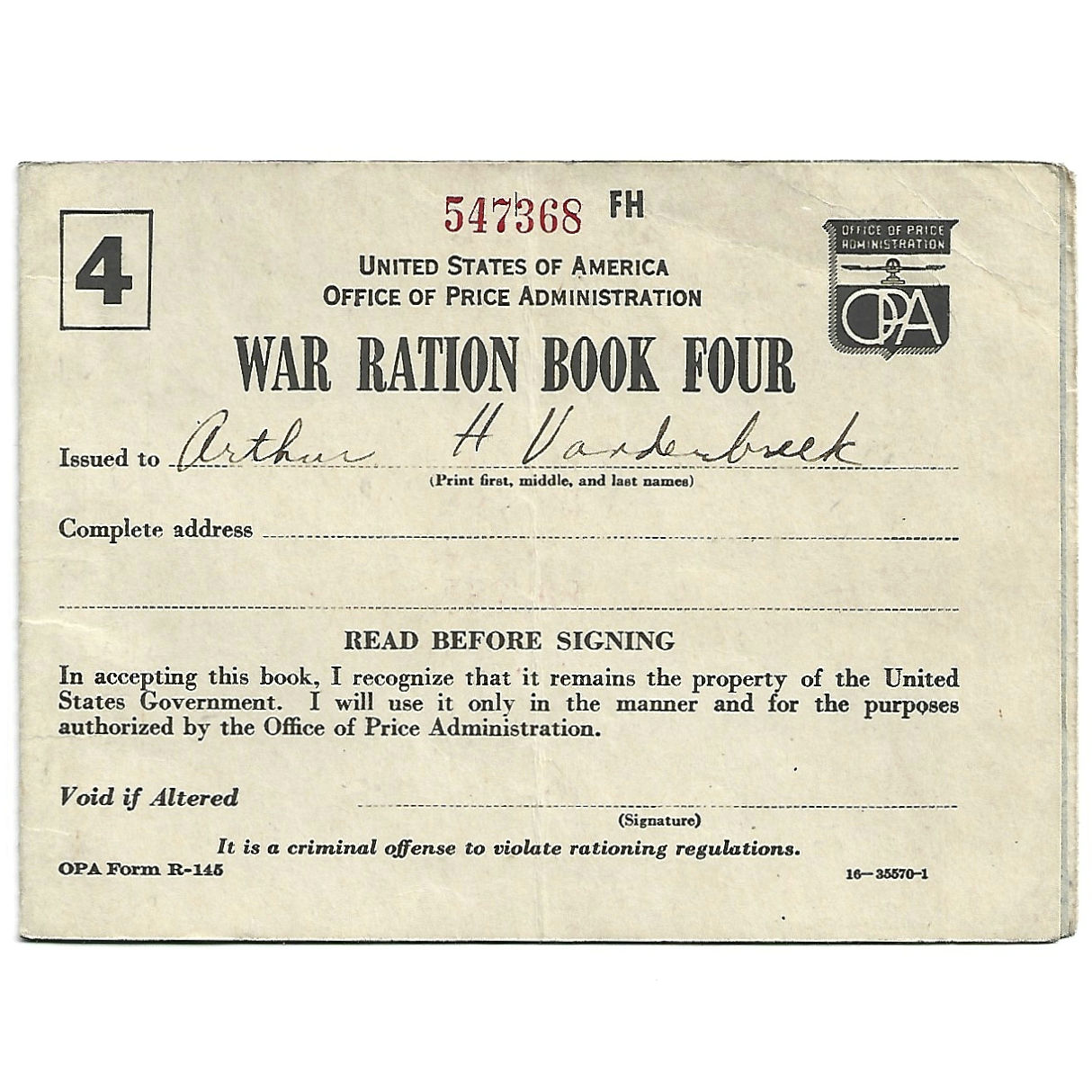 US War Ration Book - Parry's Vintage