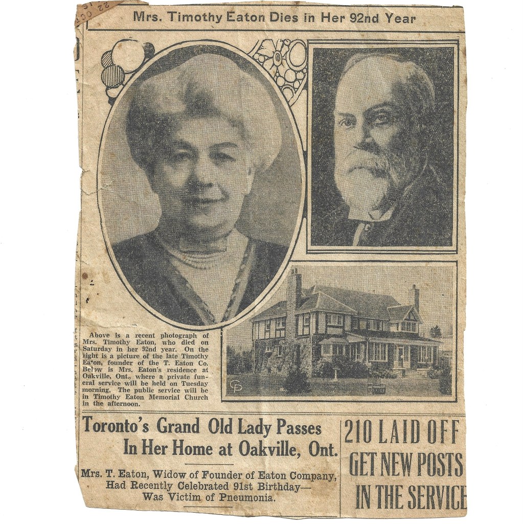 1933 Mrs. Timothy Eaton Death Notice Newspaper Clipping - Parry's Vintage