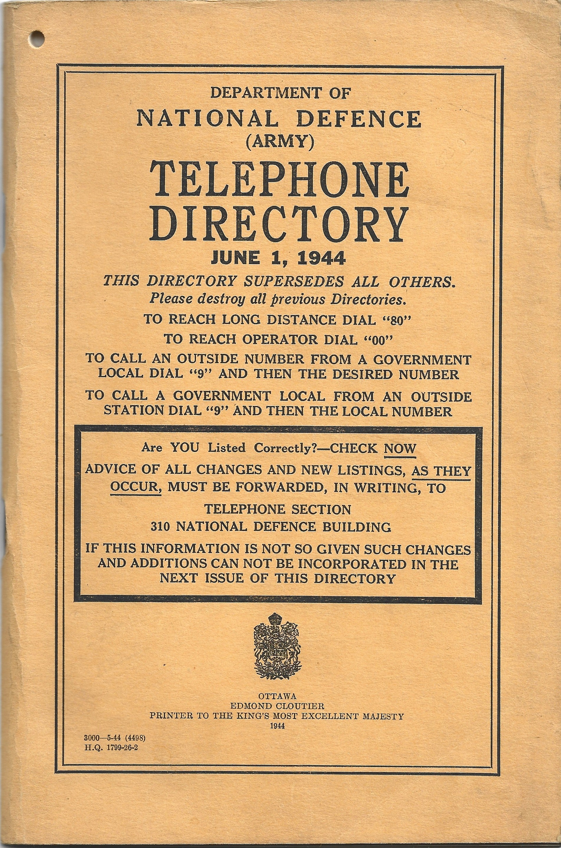 1944 Dept. of National Defence Telephone Directory - Parry's Vintage