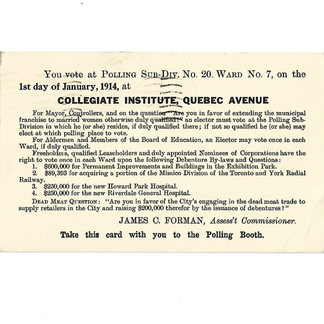1913 Polling Booth Card - Toronto ON - Parry's Vintage