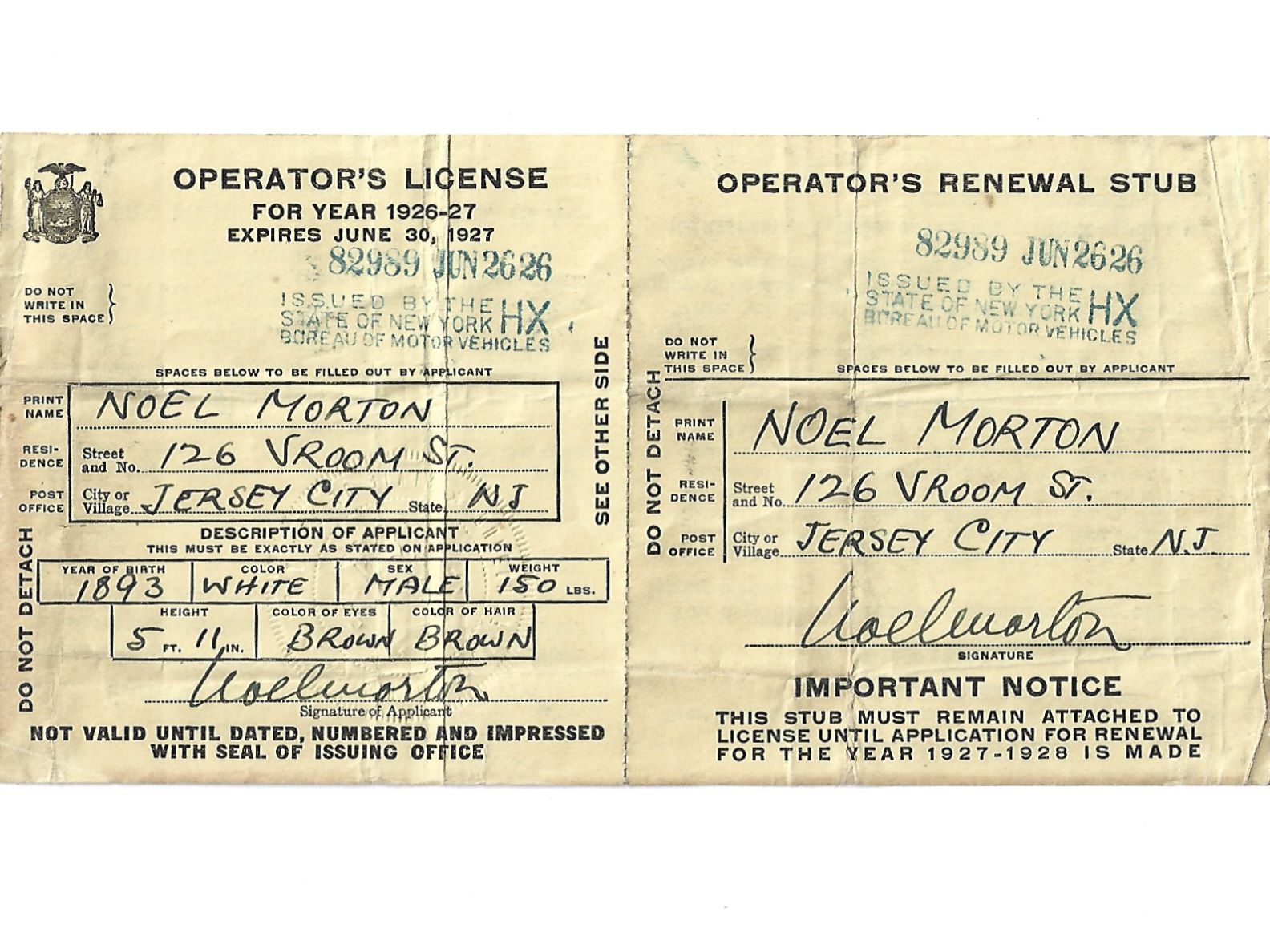 1926 Motor Vehicle Operator's License - Parry's Vintage
