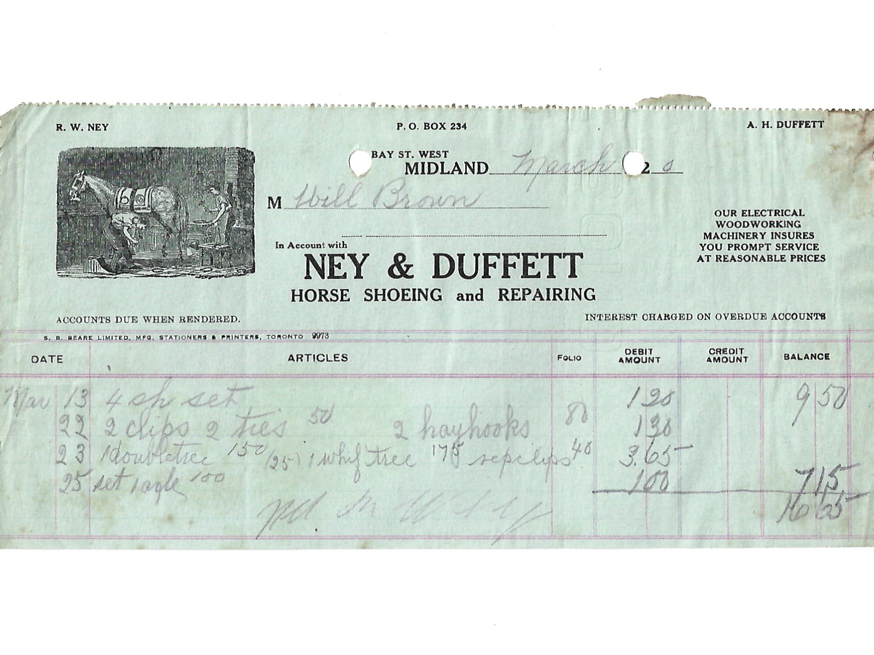 Ney & Duffett Horse Shoeing Receipt - Parry's Vintage