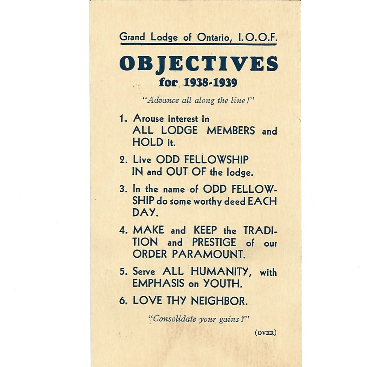 Grand Lodge of Ontario Objectives Card - Parry's Vintage