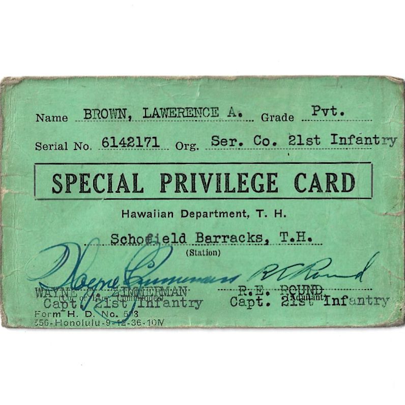 21st Infantry Special Privilege Card - Parry's Vintage