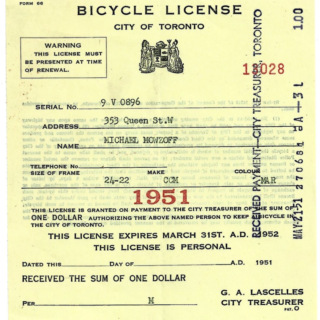 1951 City of Toronto Bicycle License - Parry's Vintage
