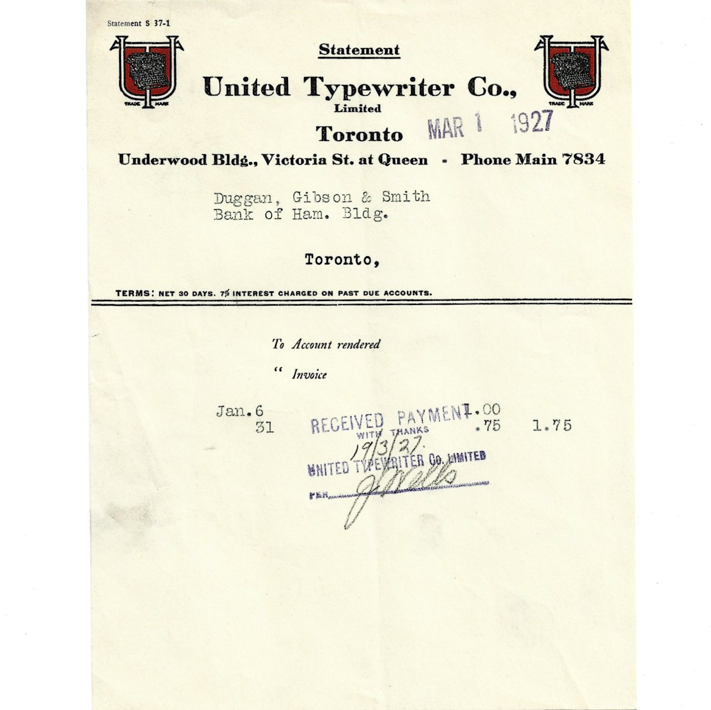 1927 United Typewriter Co. Receipt - Parry's Vintage
