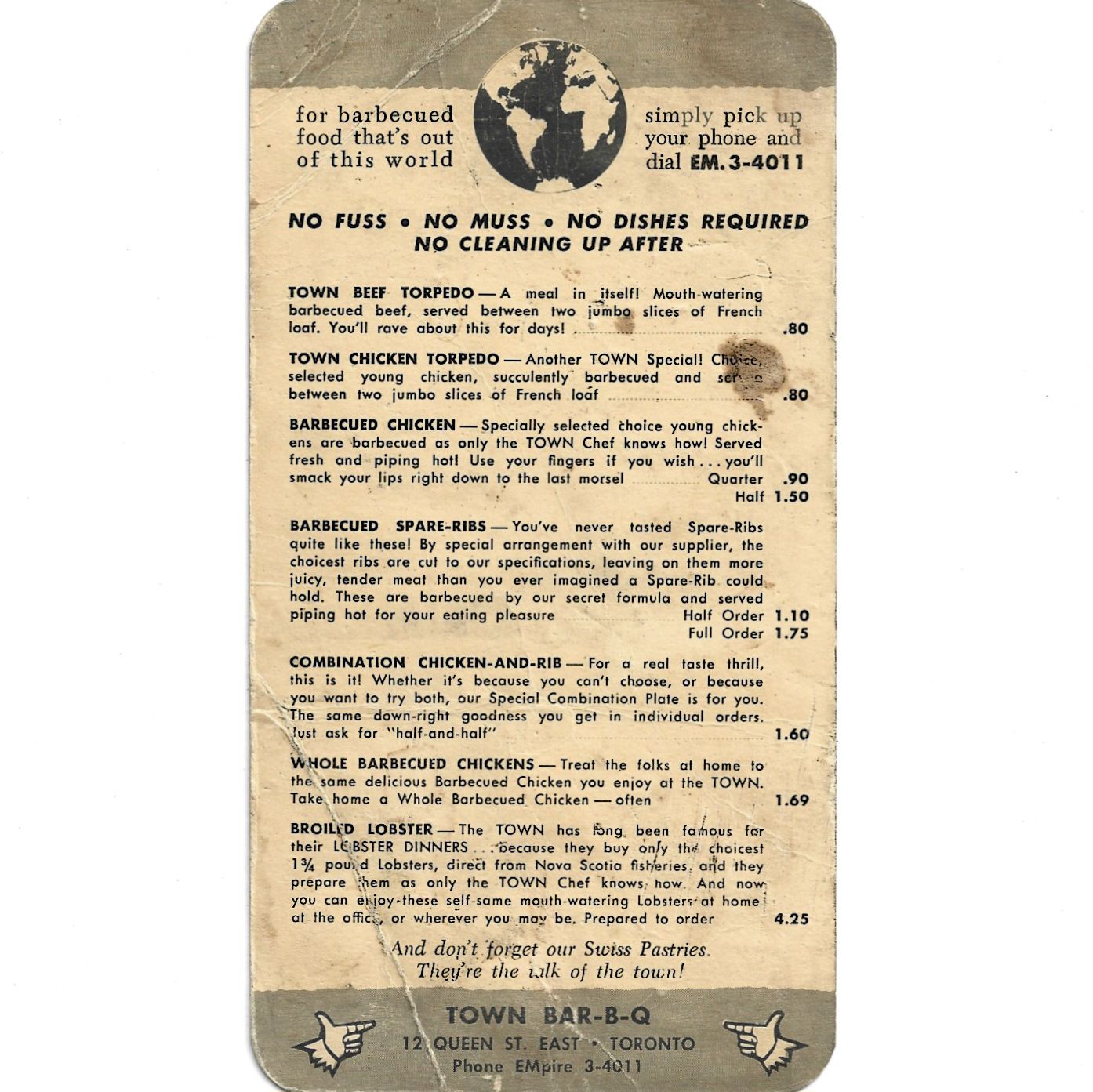 Town Bar-B-Q Restaurant Menu - Toronto ON - Parry's Vintage