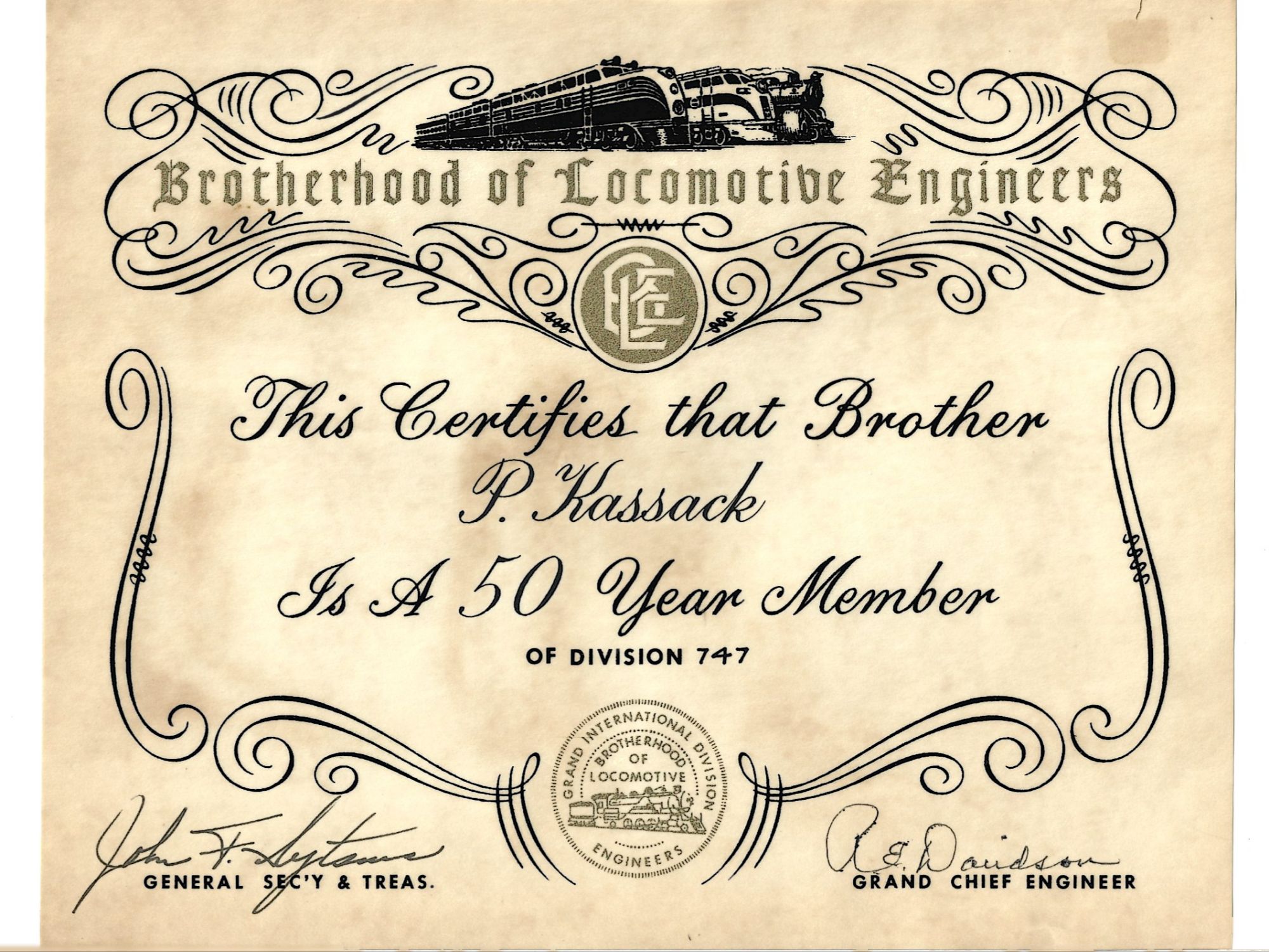 Brotherhood of Locomotive Engineers Certificate - Parry's Vintage