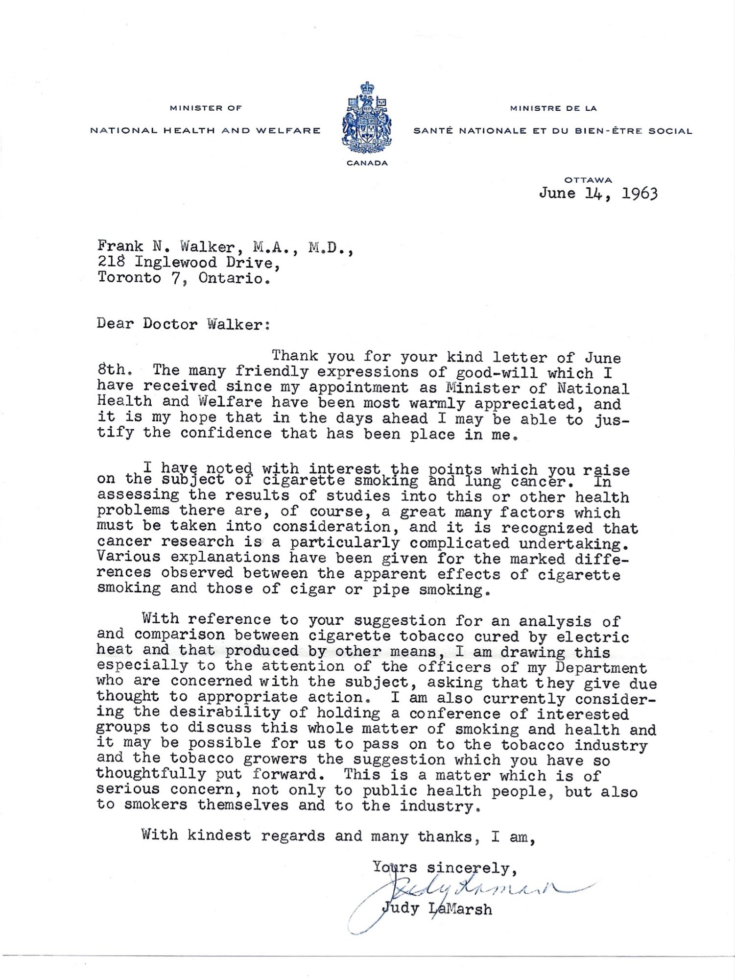 1963 Minister of National Heath and Welfare Letter - Parry's Vintage