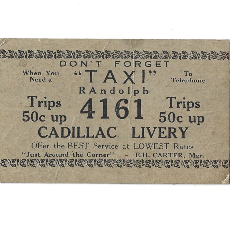 Cadillac Livery Taxi Service Card - Parry's Vintage