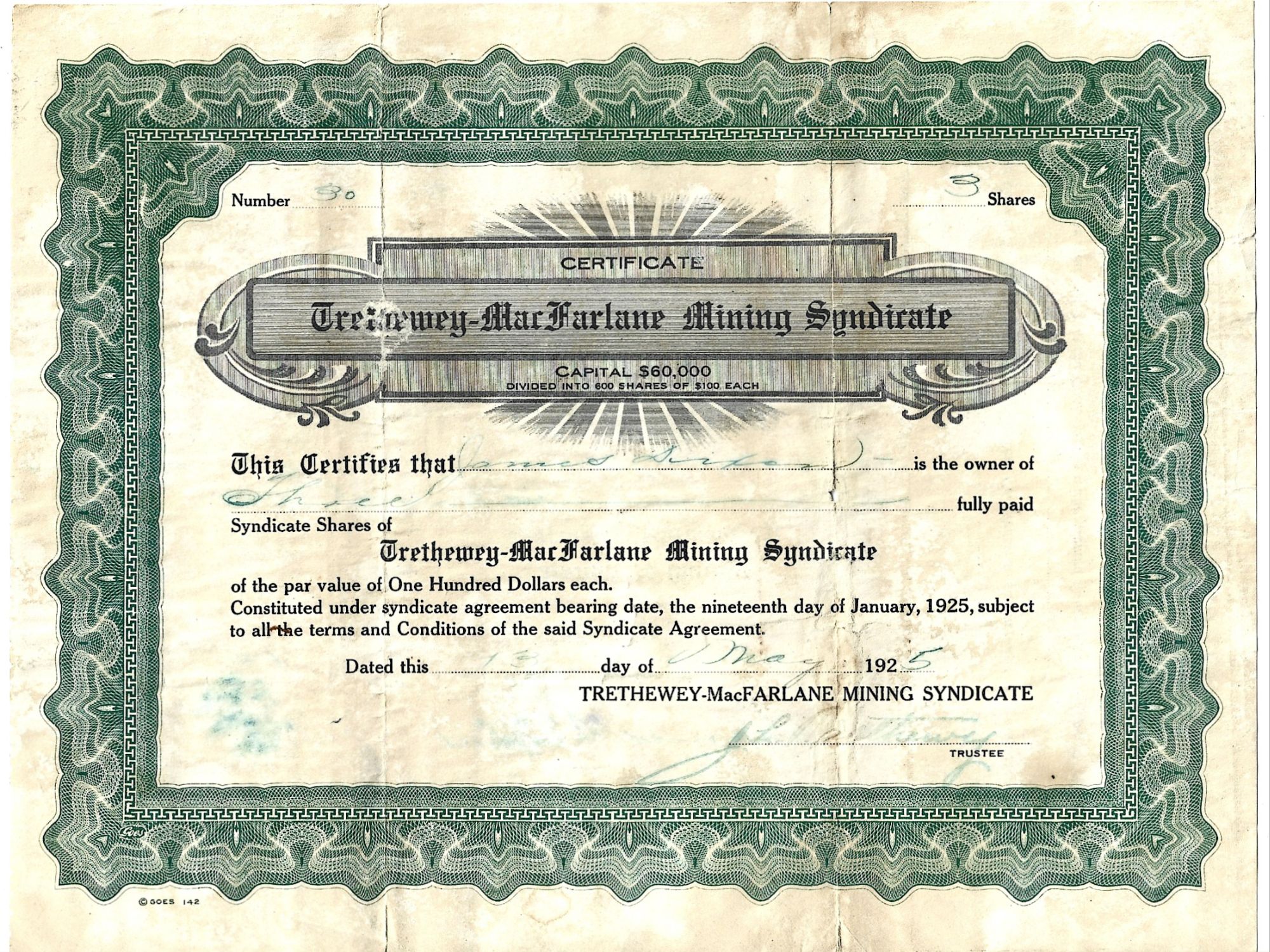 1925 Trethewey-Macfarlane Mining Stock Certificate - Parry's Vintage