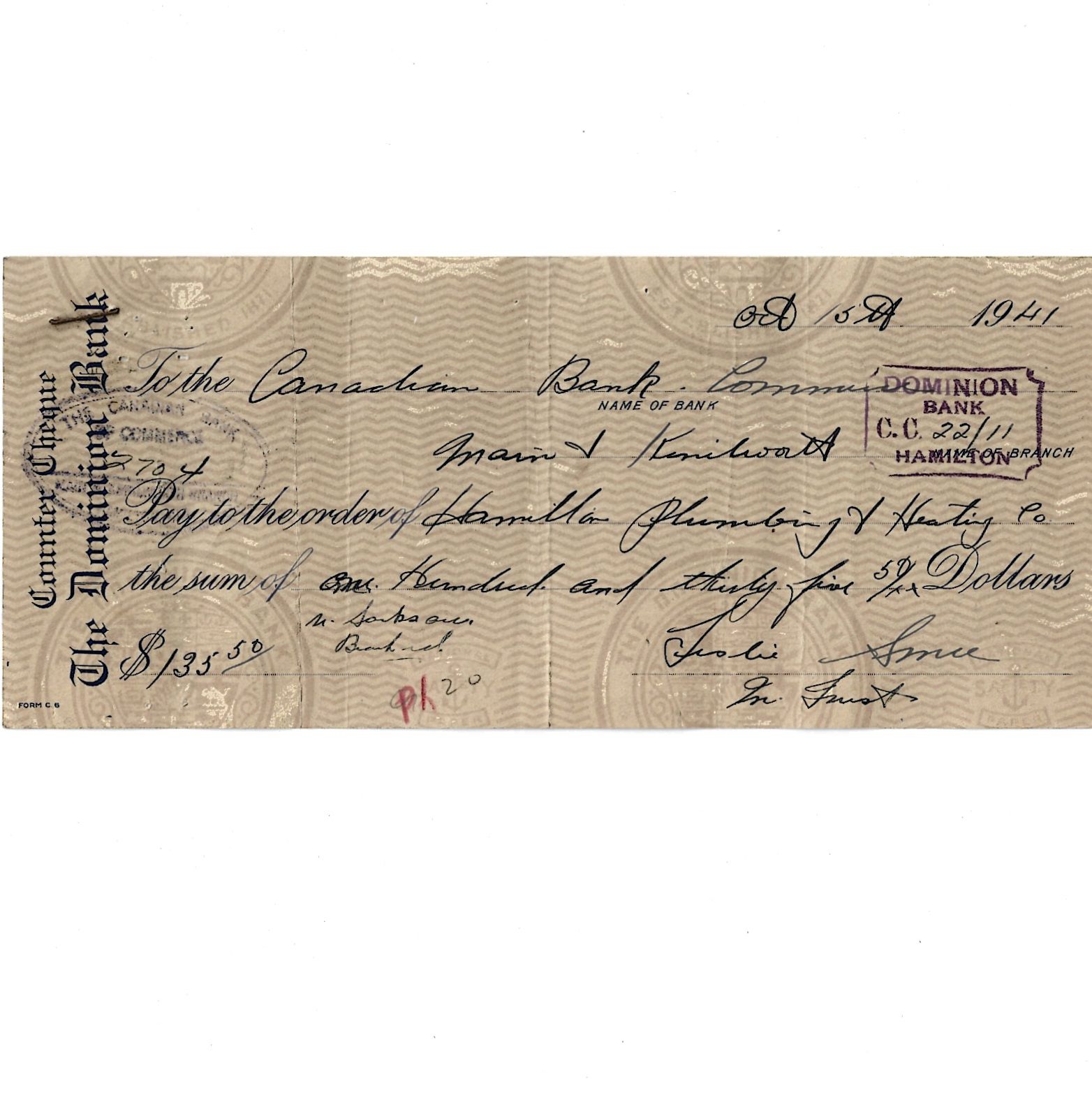 1941 Dominion Bank Counter Cheque - Parry's Vintage