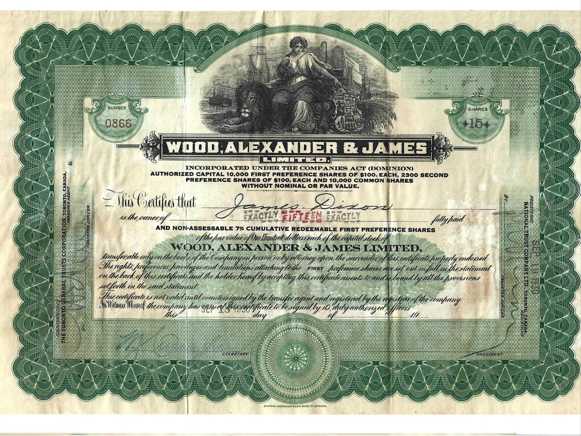1930 Wood Alexander & James Stock Certificate - Parry's Vintage