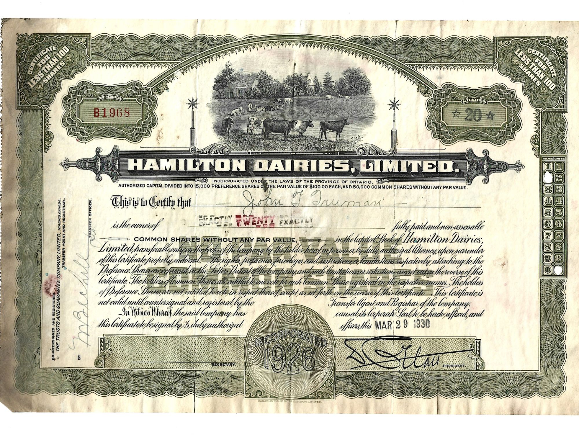 1930 Hamilton Dairies Ltd. Stock Certificate - Parry's Vintage