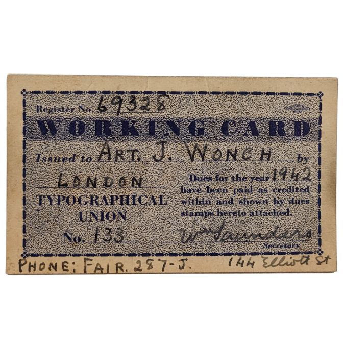 1942 Typographical Union Working Card - Parry's Vintage