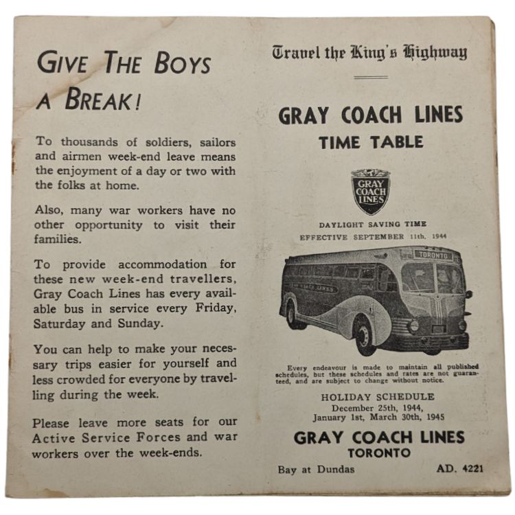 Gray Coach Lines Time Table - Toronto ON - Parry's Vintage