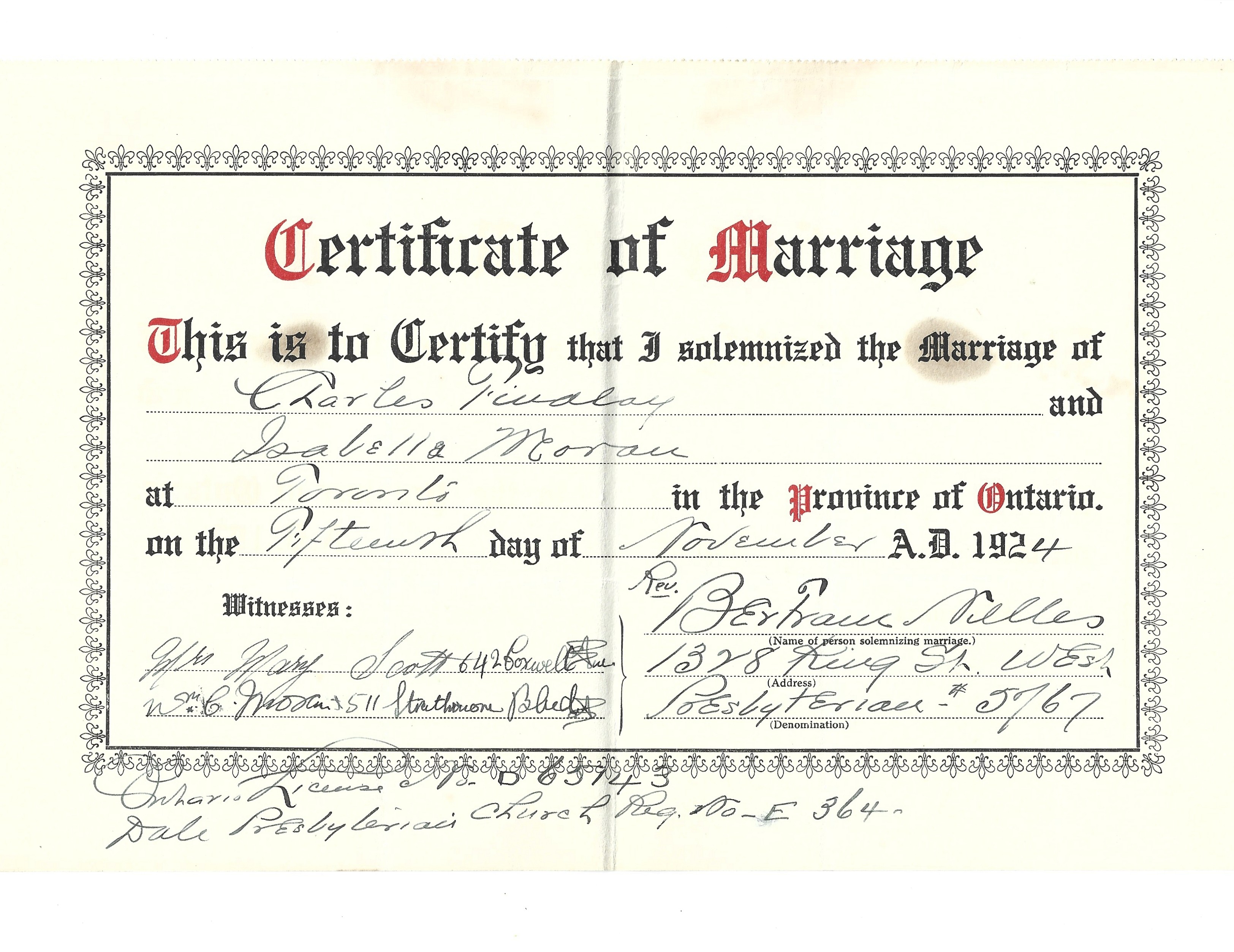 1924 Marriage Certificate - Toronto ON - Parry's Vintage