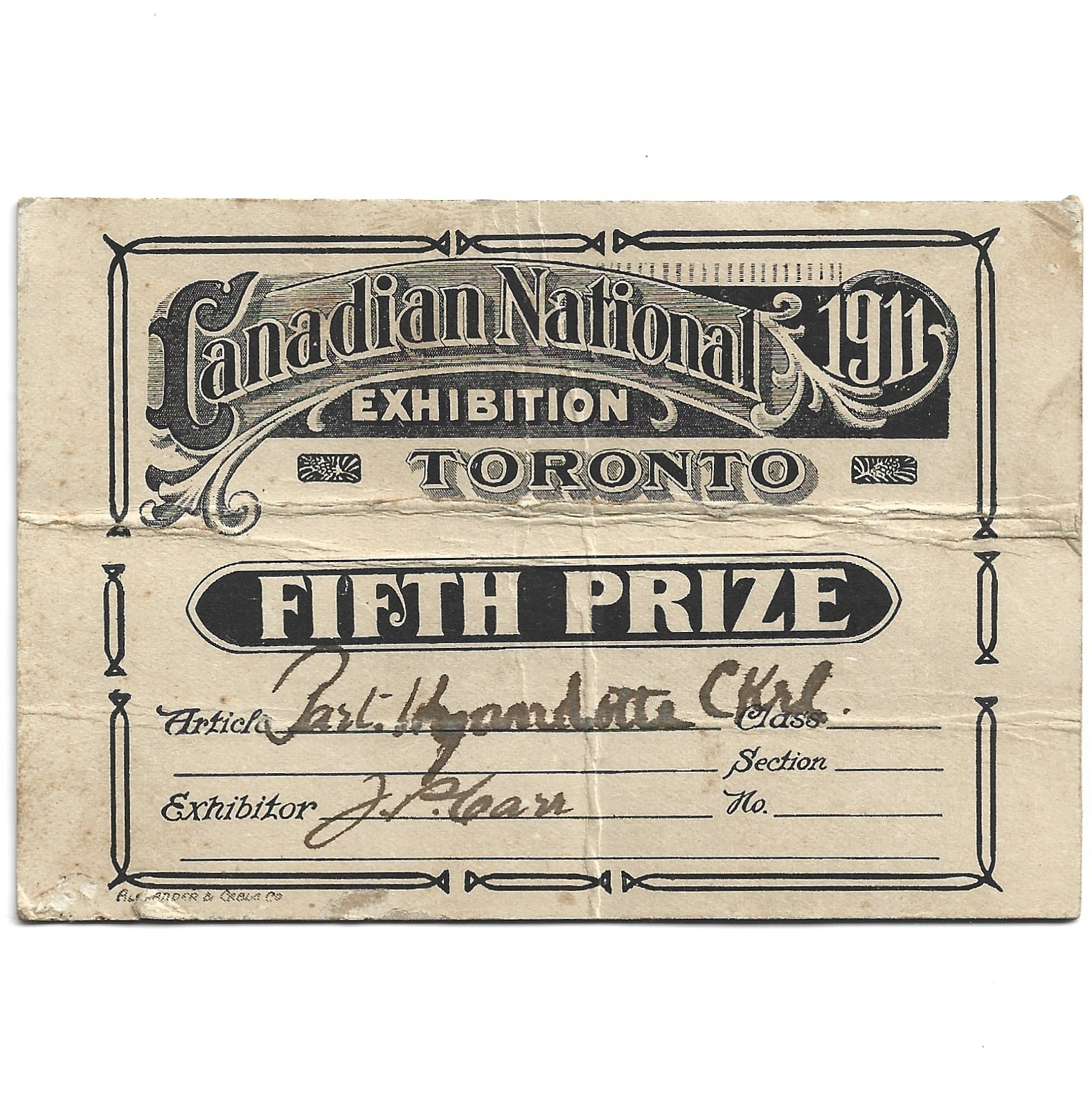 1911 Canadian National Exhibition Fifth Prize - Toronto ON - Parry's ...
