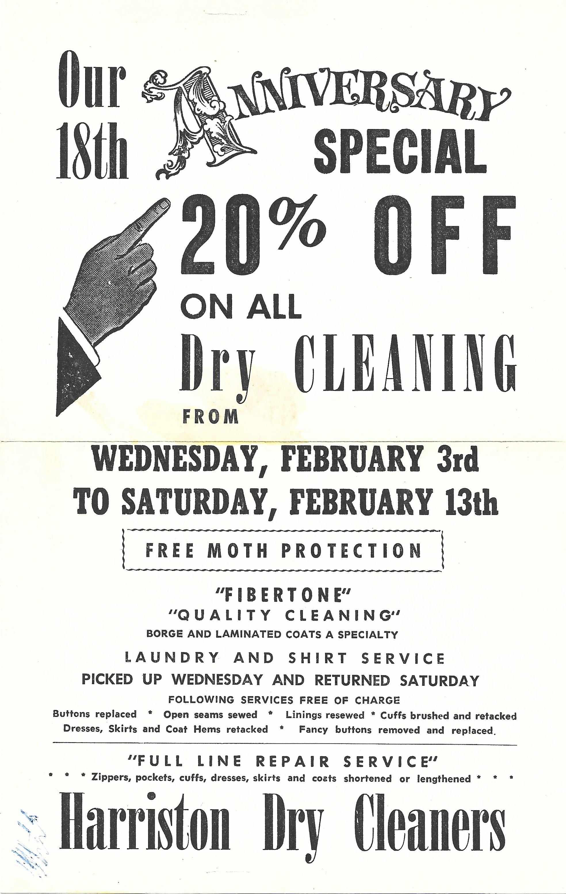 Harriston Dry Cleaners Anniversary Special Hand Bill - Parry's Vintage