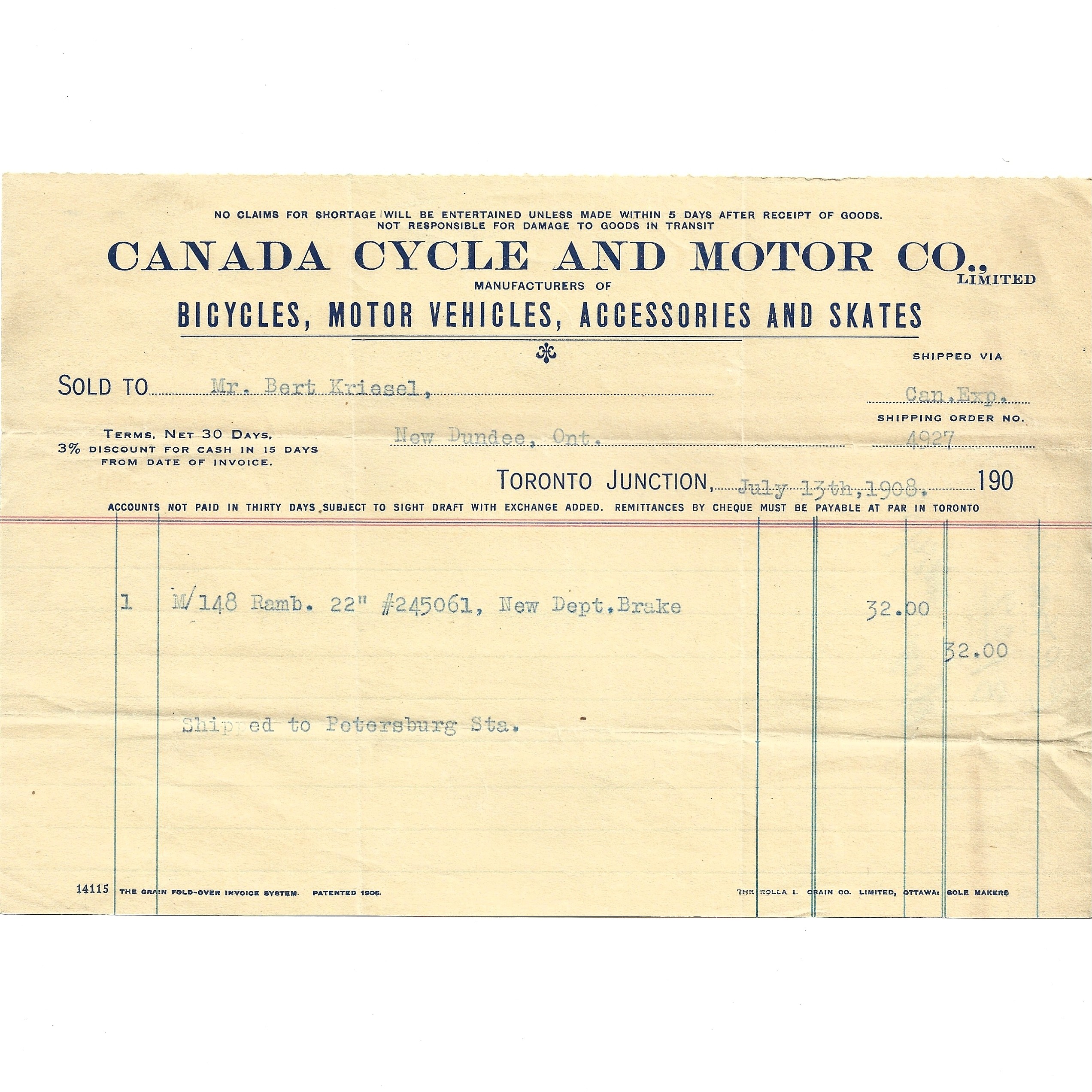 1908 Canada Cycle & Motor Co. Receipt - Toronto ON - Parry's Vintage