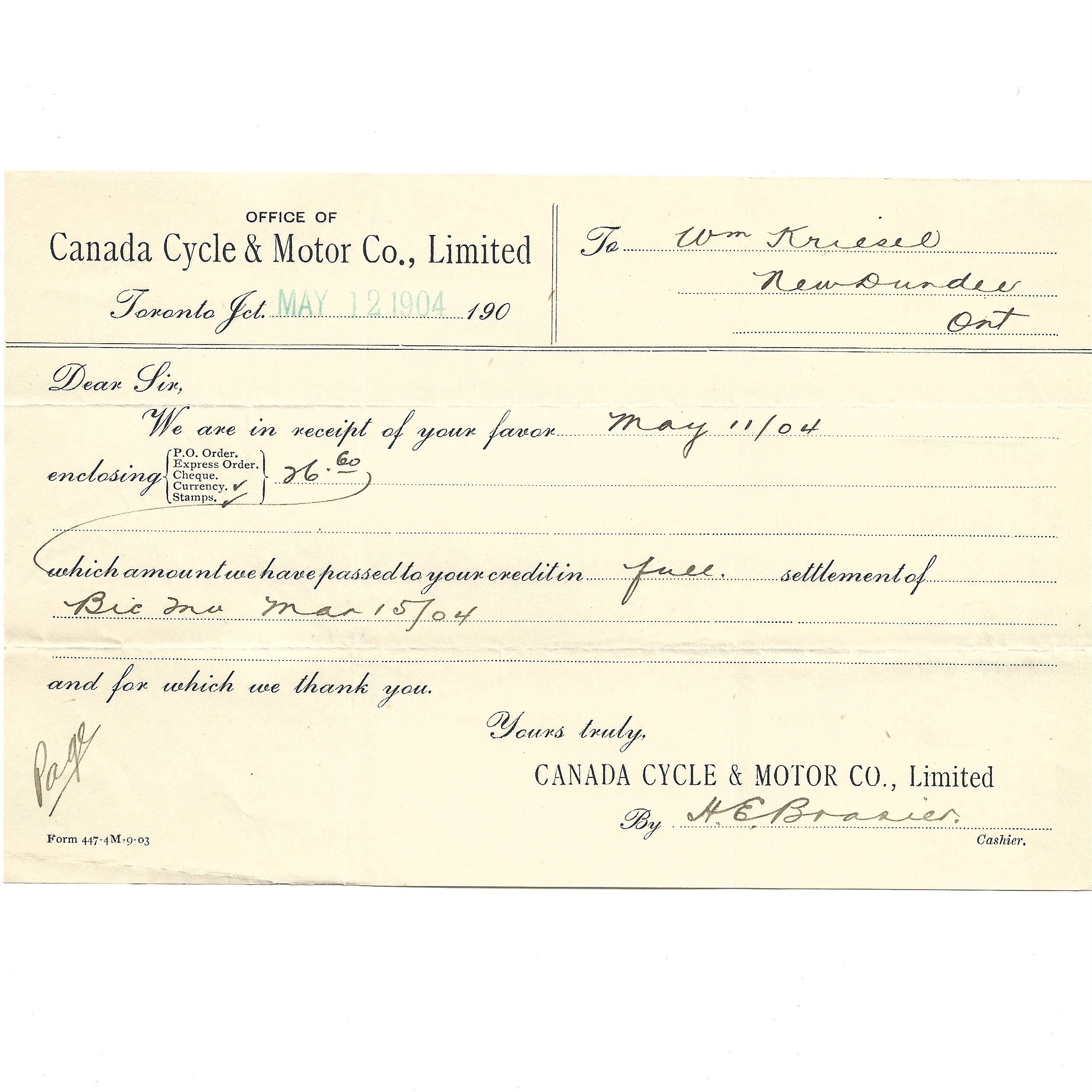 1904 Canada Cycle & Motor Co. Receipt - Toronto ON - Parry's Vintage