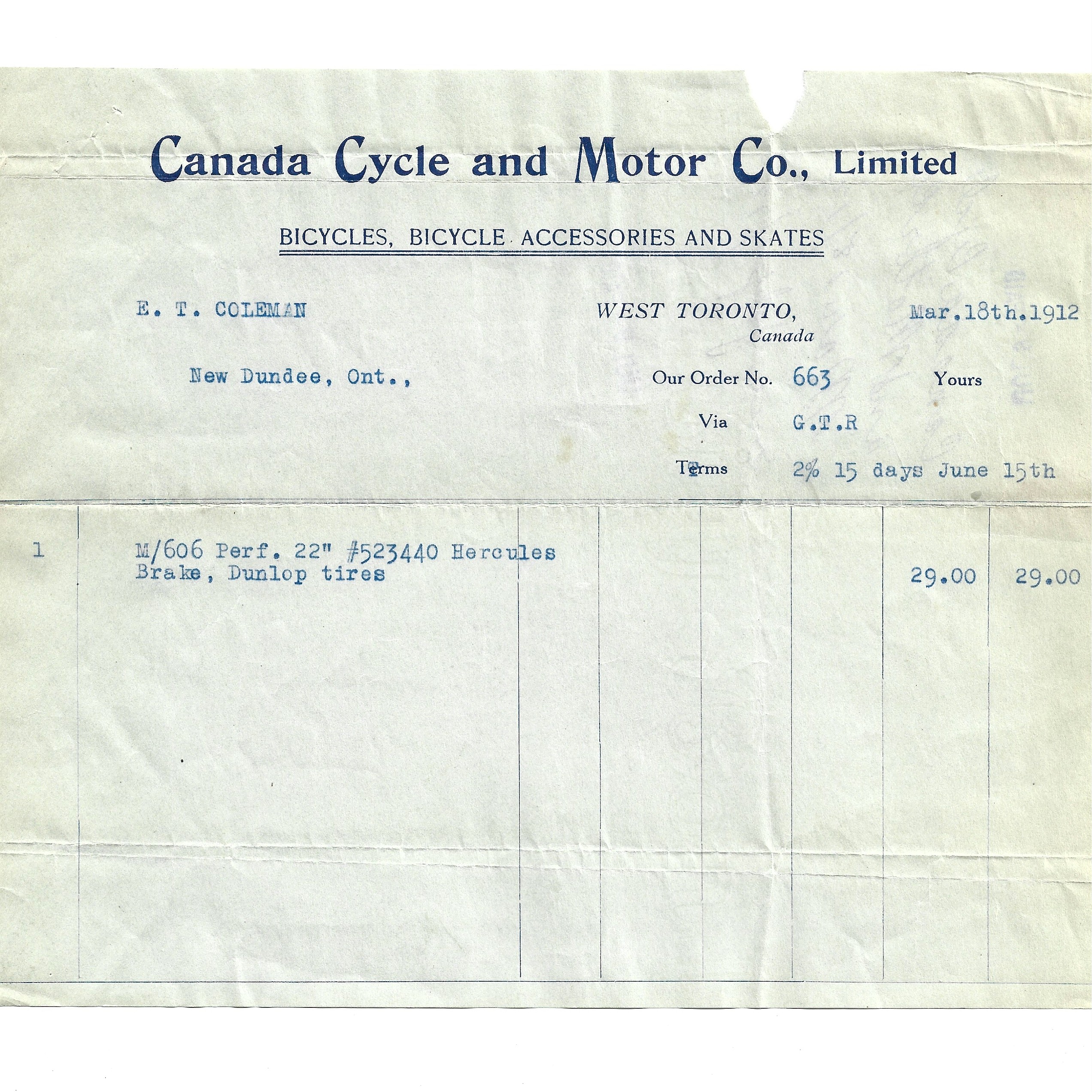 1912 Canada Cycle & Motor Co. Receipt - Toronto ON - Parry's Vintage