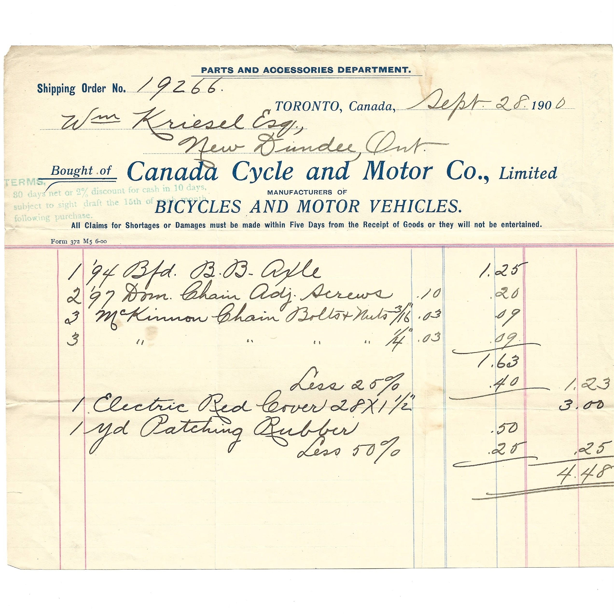 1900 Canada Cycle & Motor Co. Receipt - Toronto ON - Parry's Vintage
