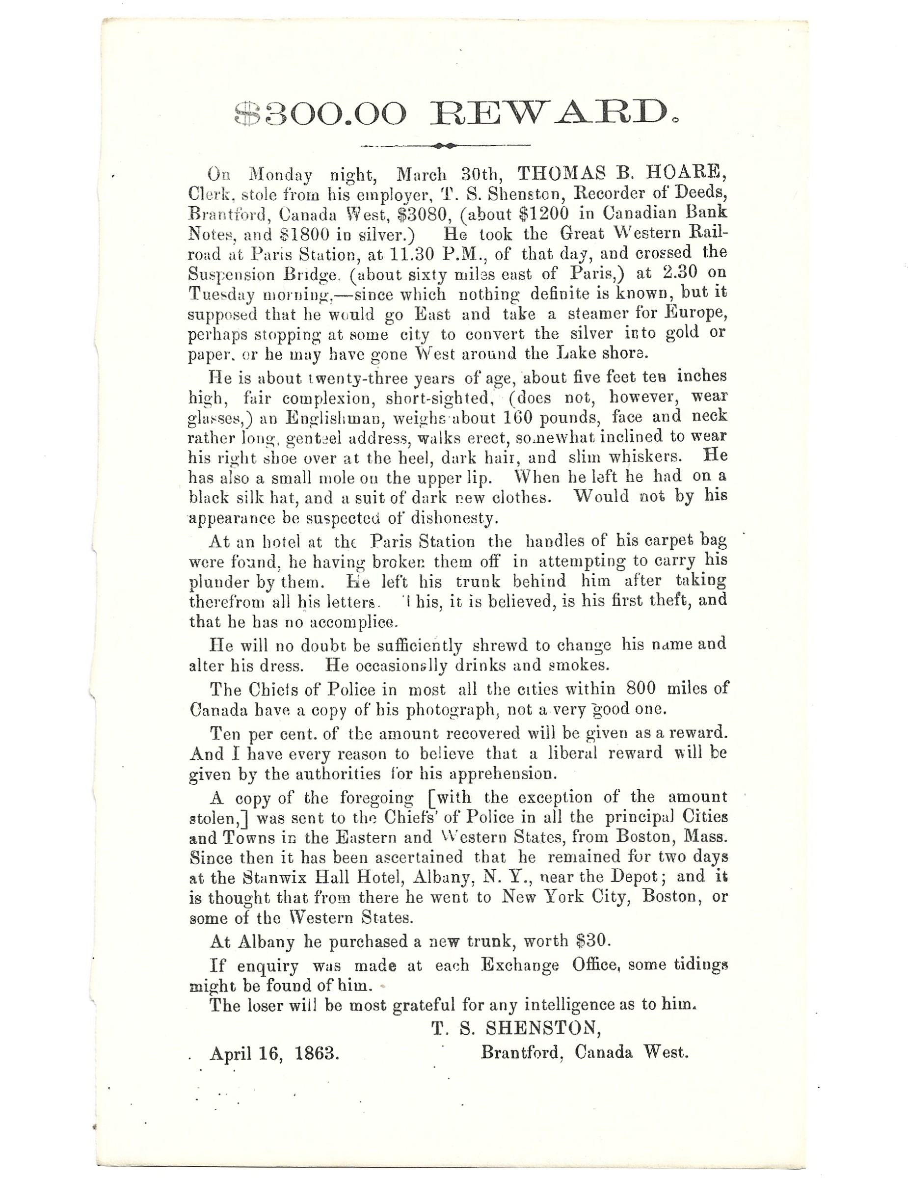 1863 Brantford Canada West Reward Notice - Parry's Vintage
