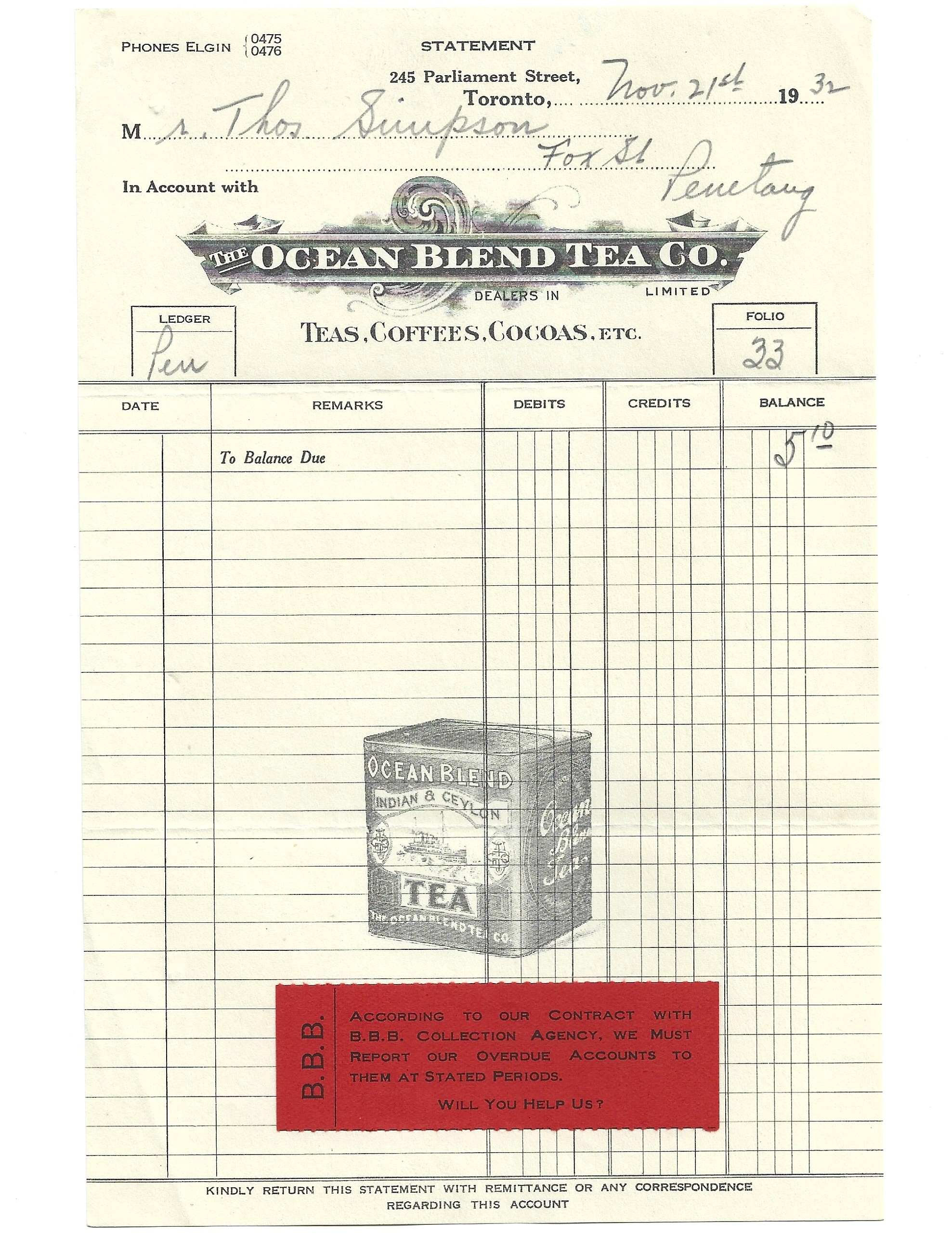 1932 Ocean Blend Tea Co. Receipt - Parry's Vintage