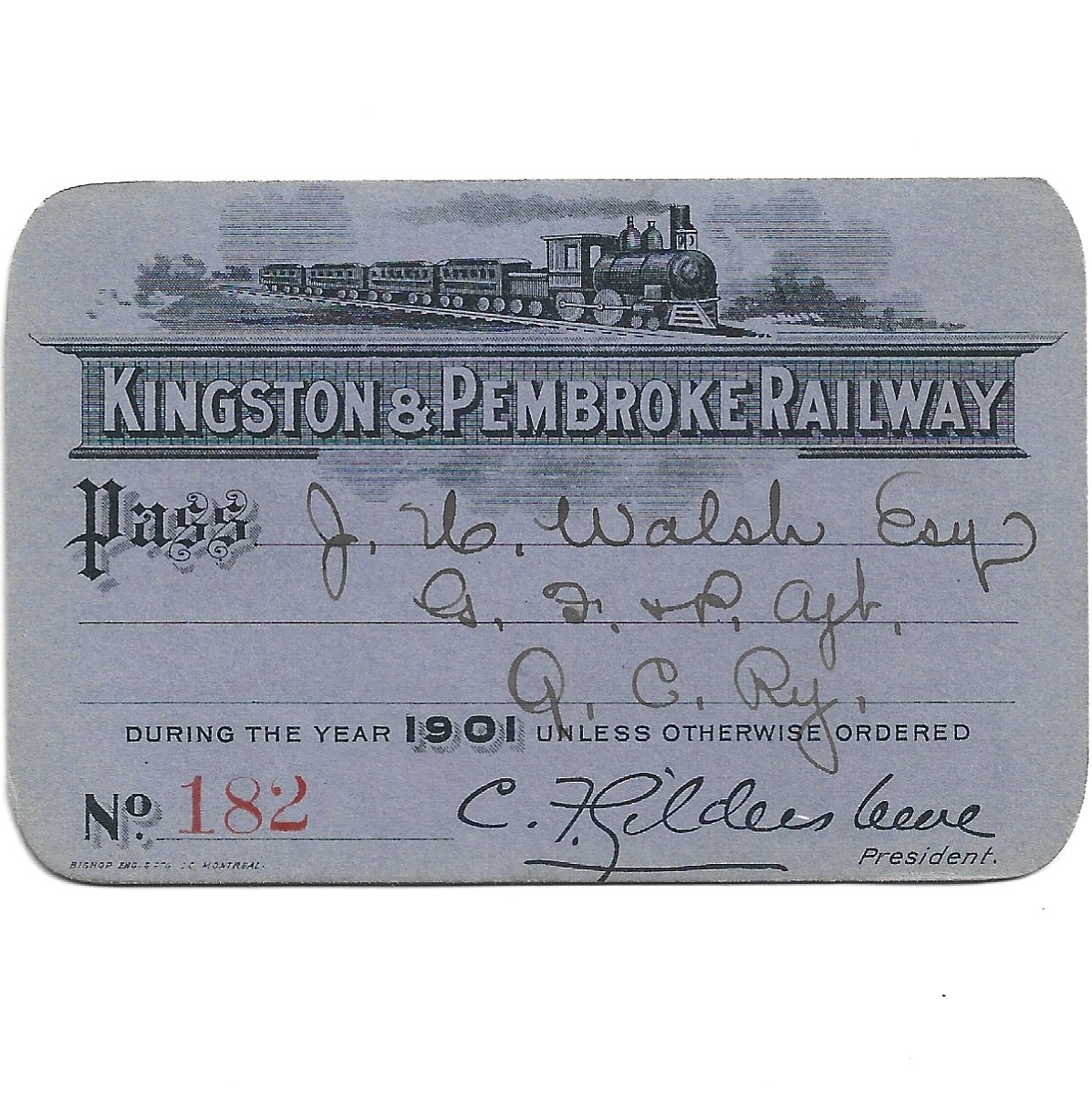 1901 Kingston & Pembroke Railway Pass - Parry's Vintage