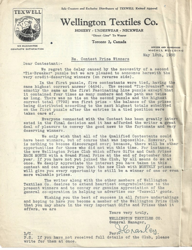 1930 Wellington Textiles Co. - Toronto ON - Parry's Vintage
