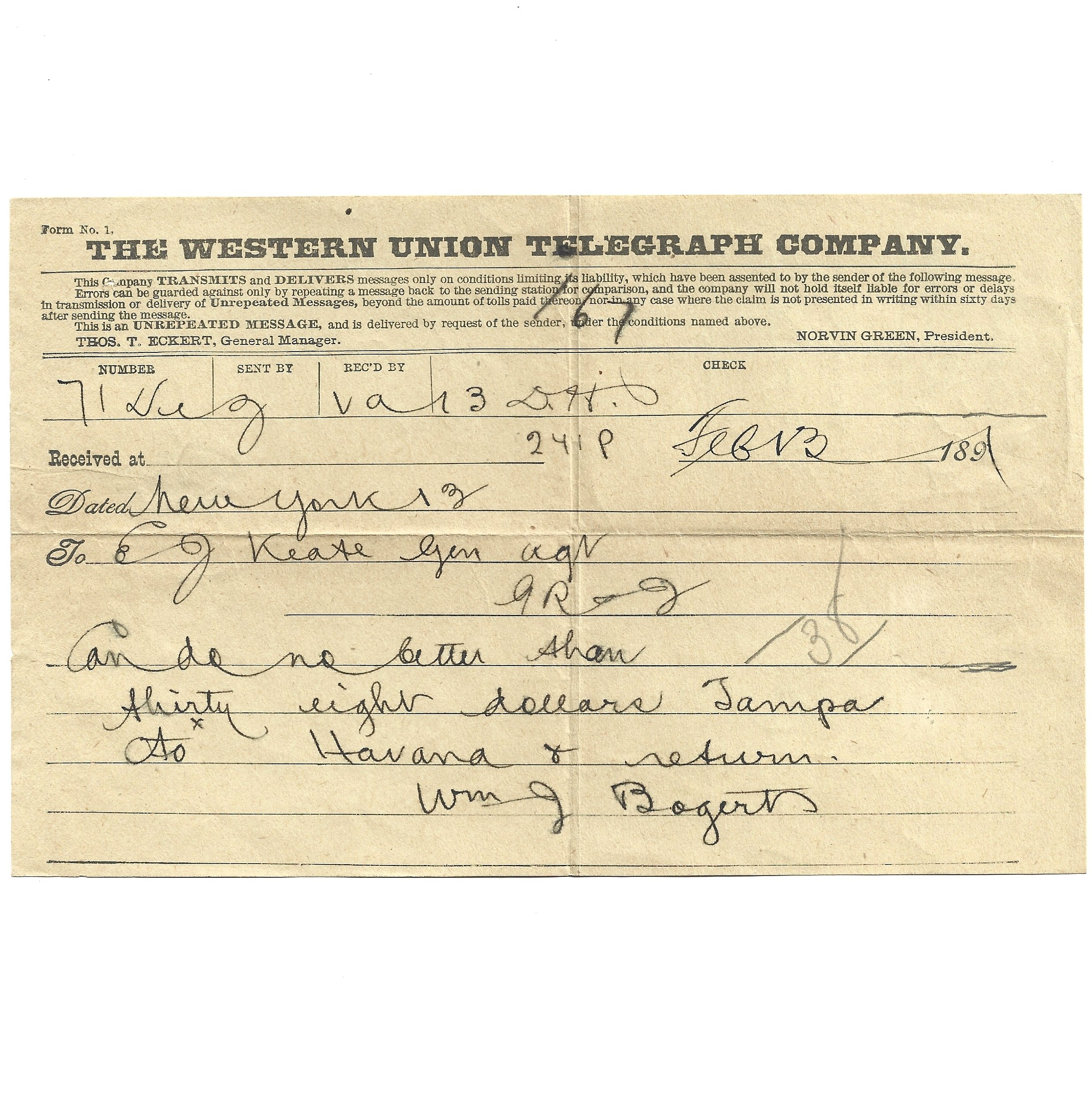 1891 Western Union Telegraph Company Telegram - Parry's Vintage