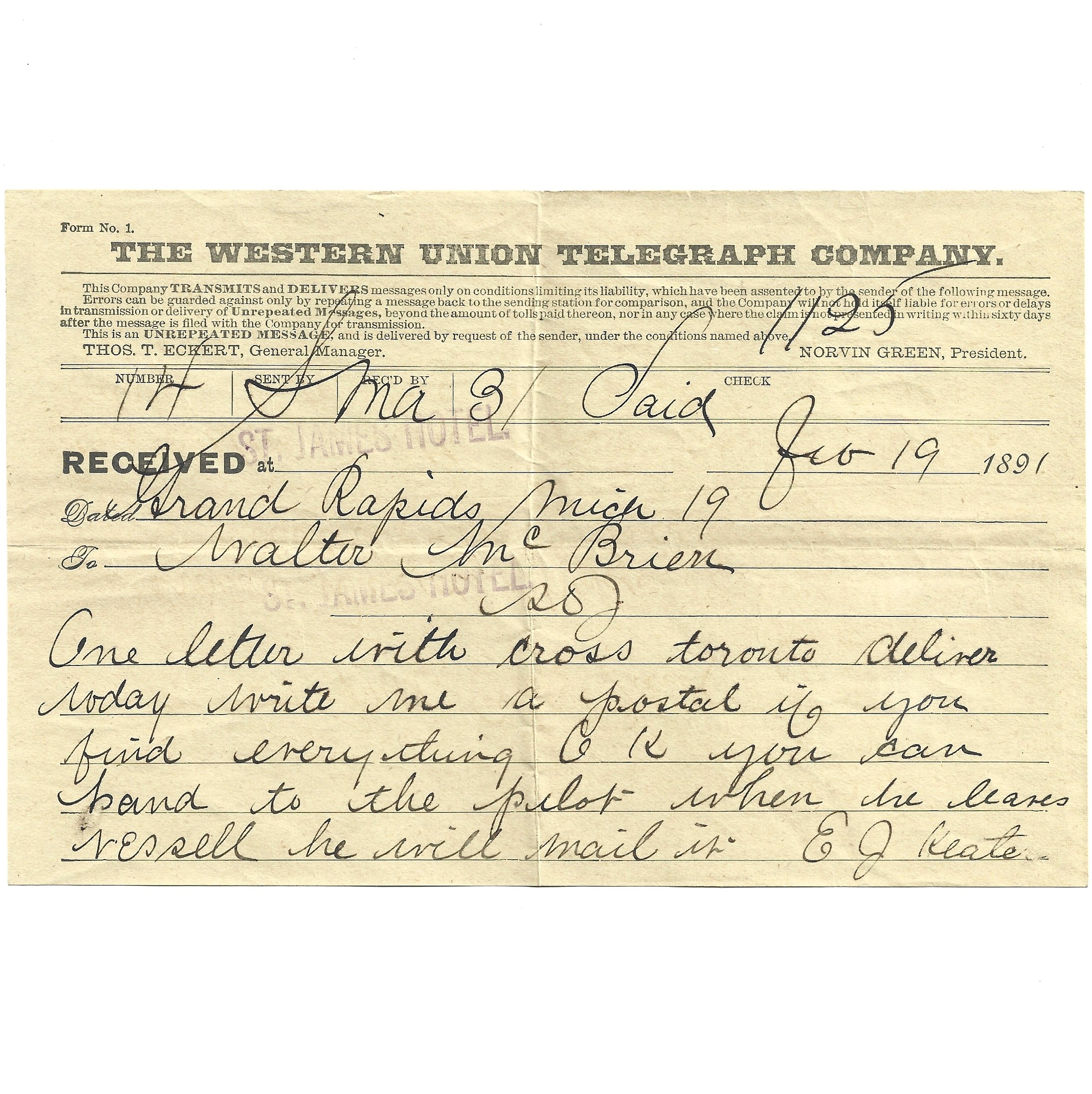 1891 Western Union Telegraph Company Telegram - Parry's Vintage