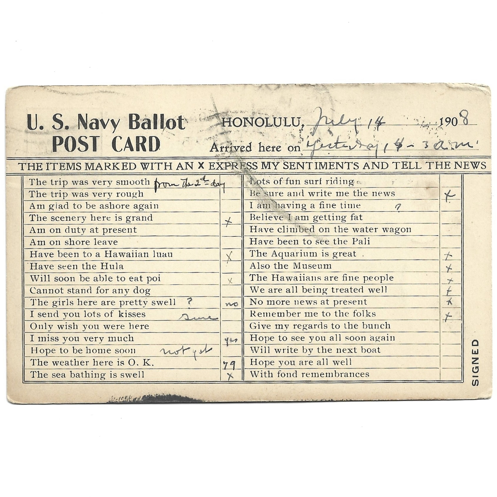 1908 U.S. Navy Ballot Postcard - Parry's Vintage