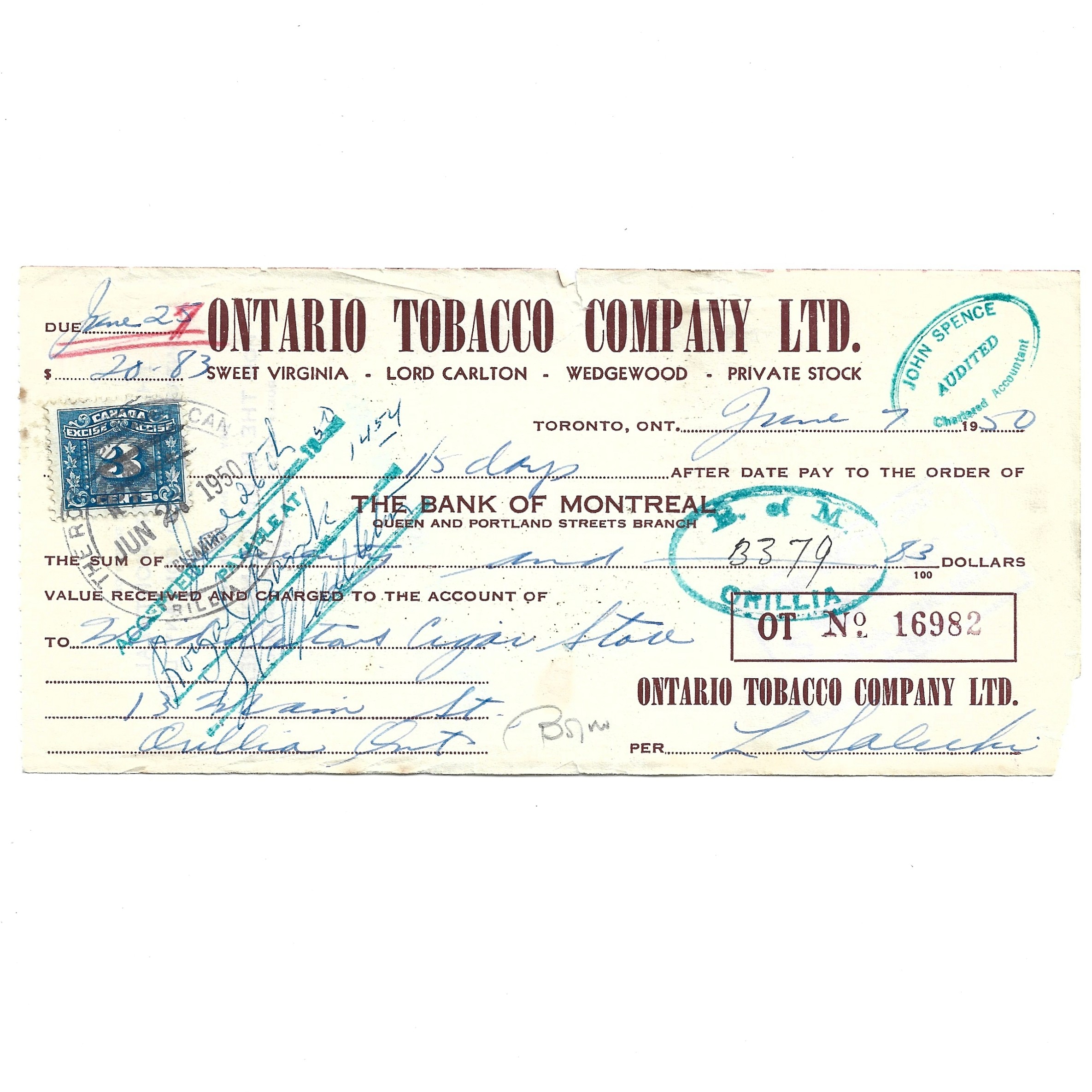 1950 Ontario Tobacco Company Ltd. Receipt - Parry's Vintage