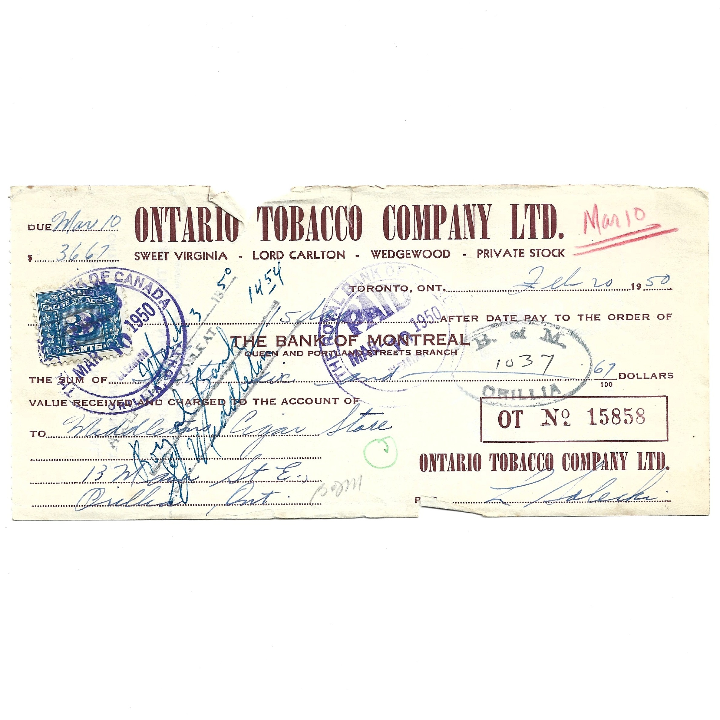 1950 Ontario Tobacco Company Ltd. Receipt - Parry's Vintage