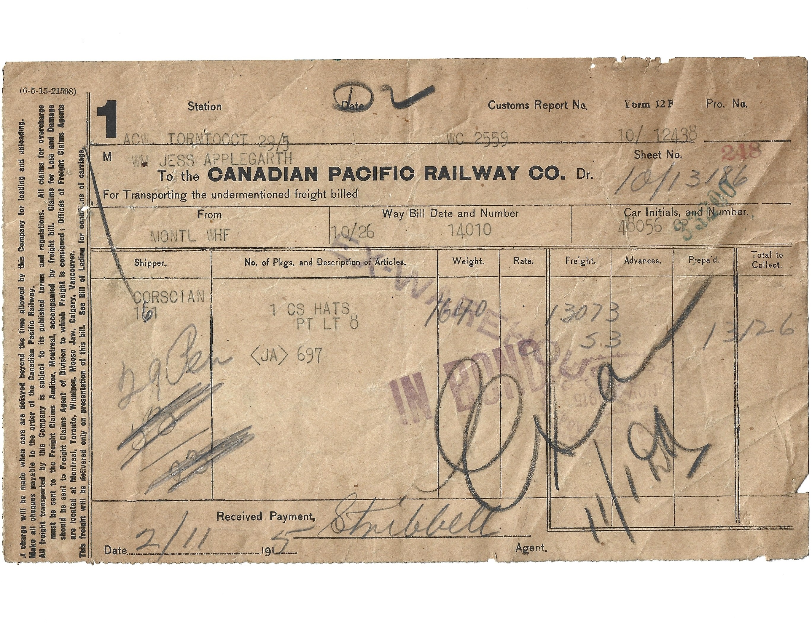 1915 Canadian Pacific Railway Co. Freight Receipt - Parry's Vintage