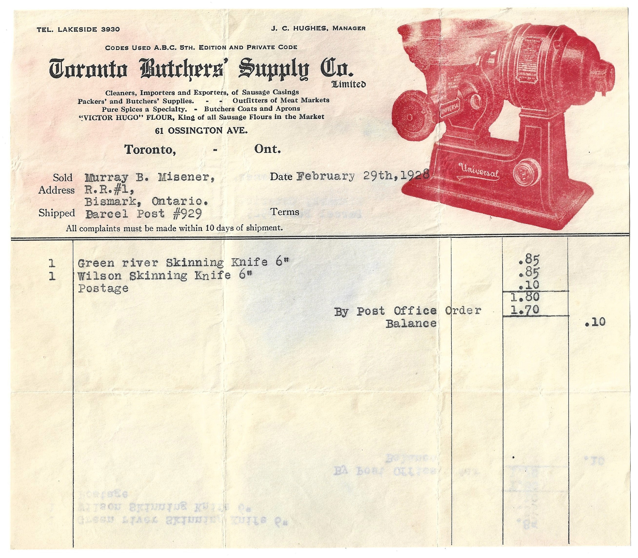 1928 Toronto Butchers' Supply Co Receipt - Parry's Vintage