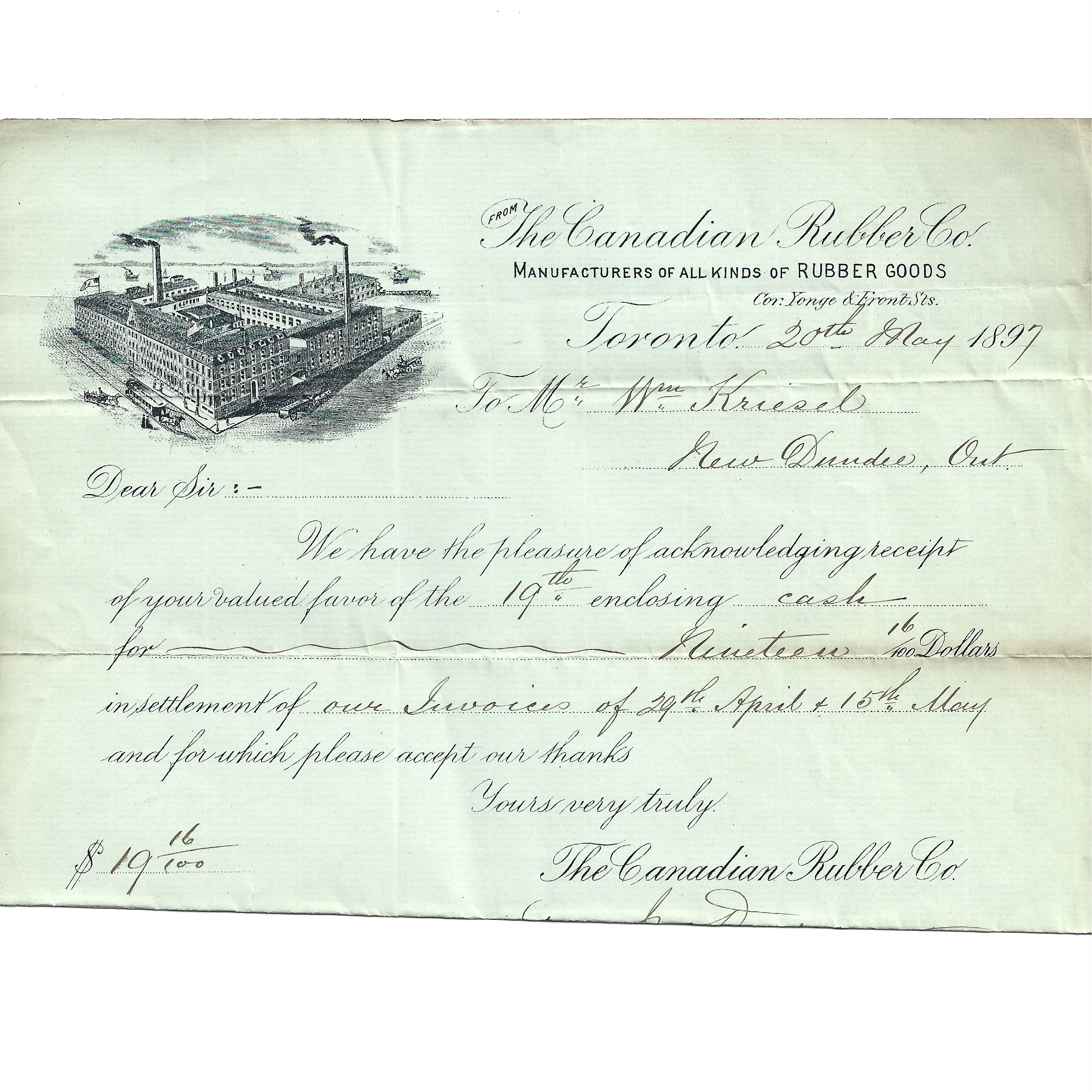1897 The Canadian Rubber Co. Receipt - Parry's Vintage