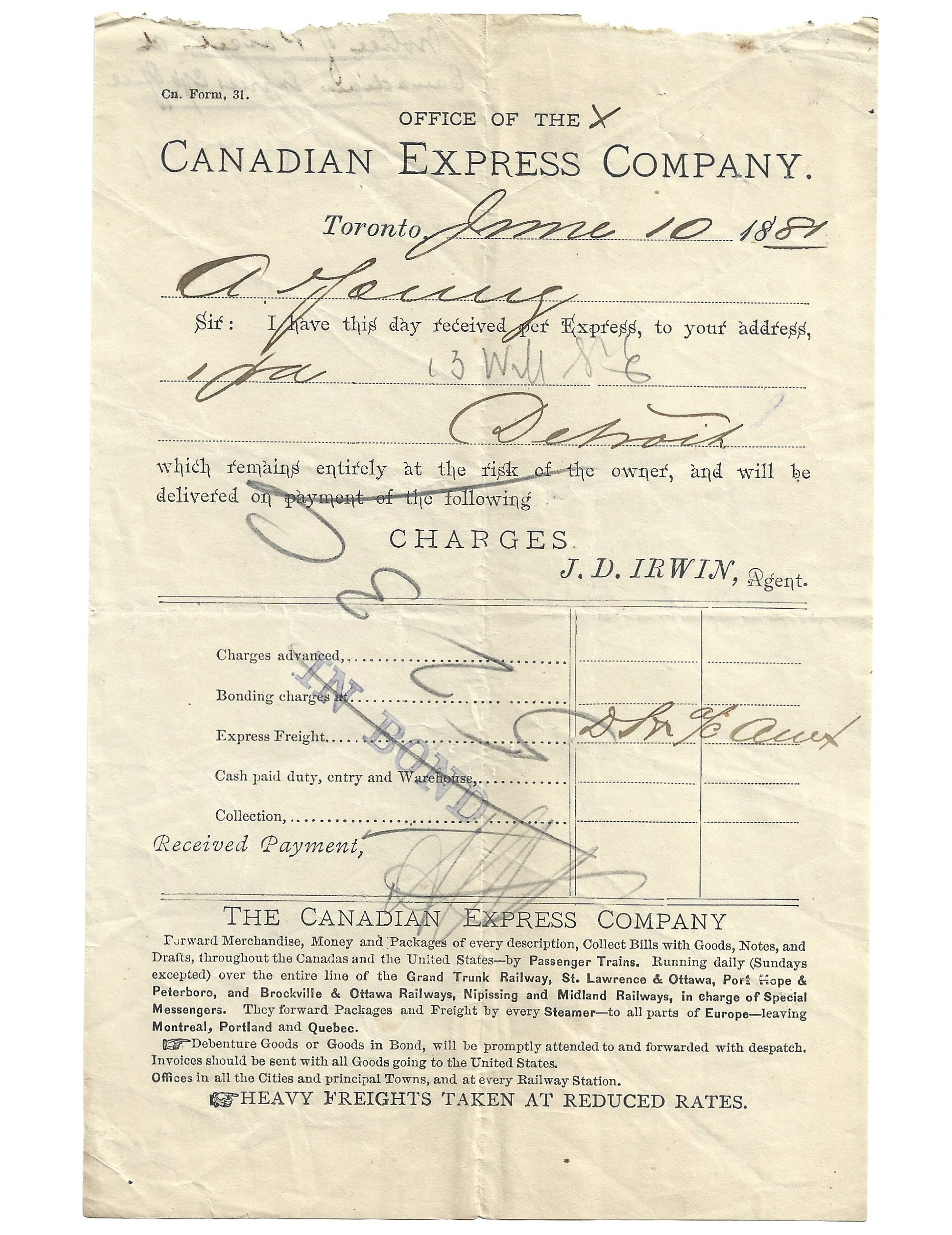 1881 Canadian Express Company Receipt - Parry's Vintage