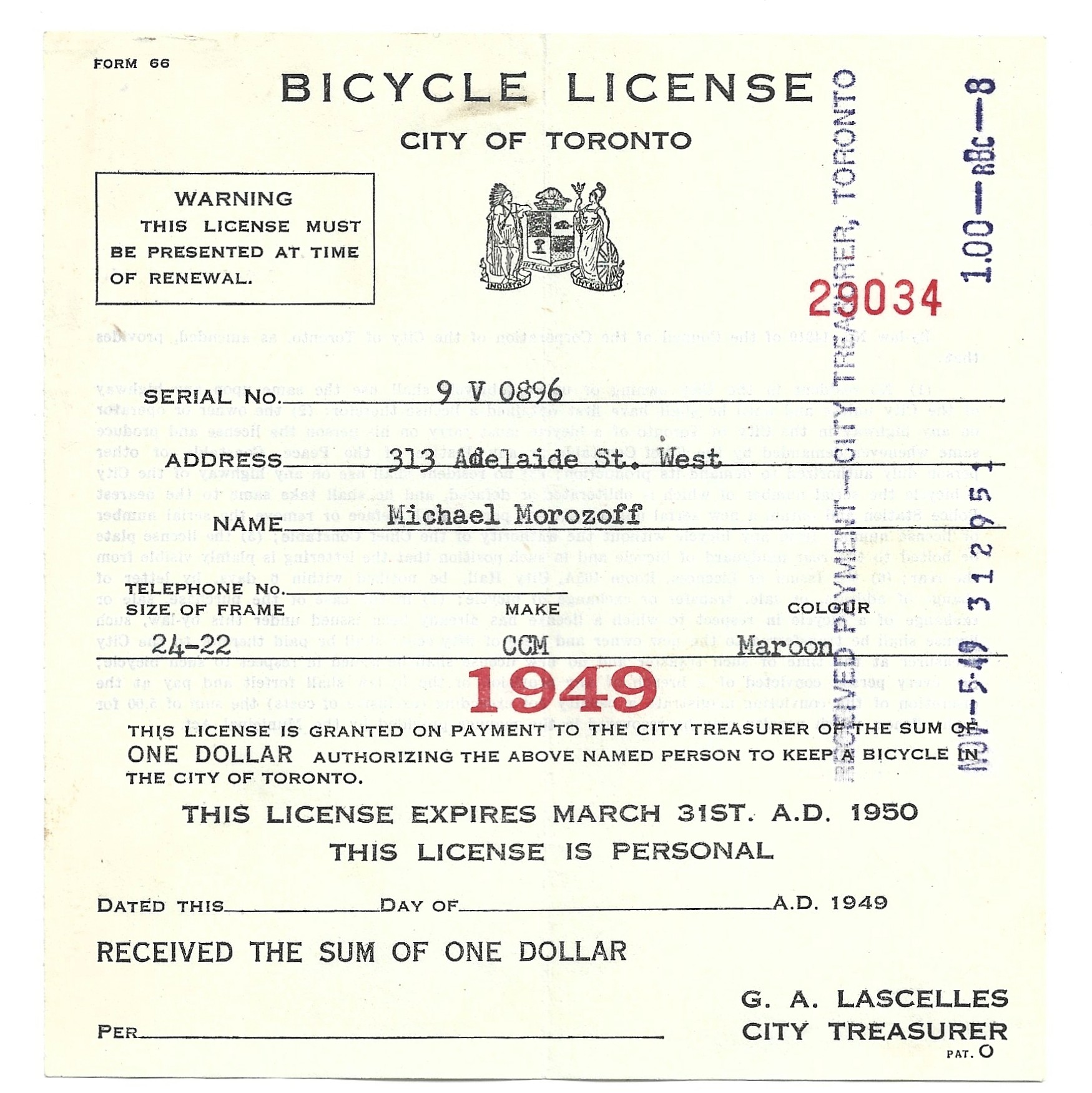 1949 City of Toronto Bicycle License - Parry's Vintage