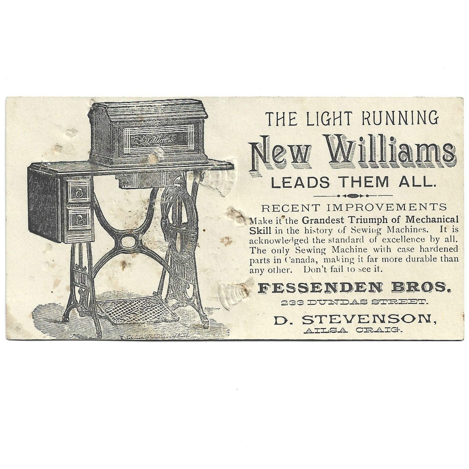New Williams Sewing Machines Trade Card - Parry's Vintage