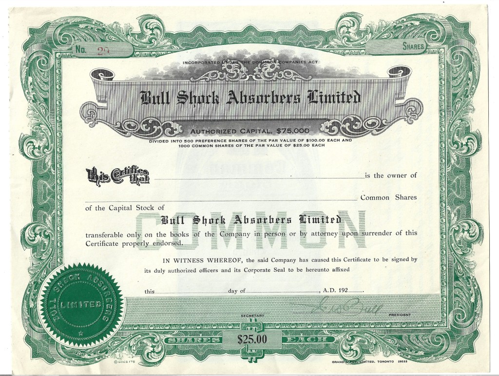 Unused 1920's Bull Shock Absorbers Ltd. Stock Certificate - Parry's Vintage
