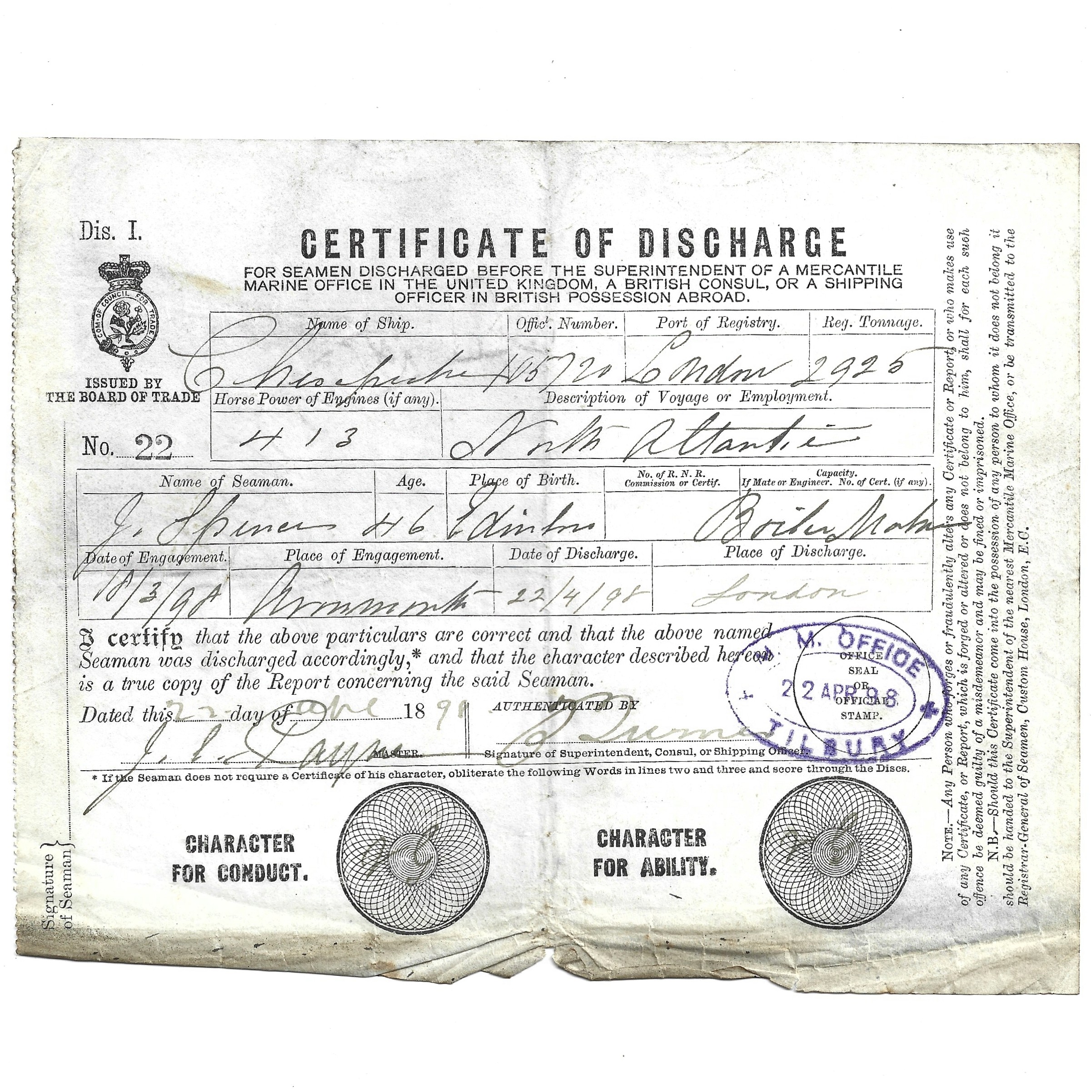 1898 British Seamen Discharge Certificate - Parry's Vintage