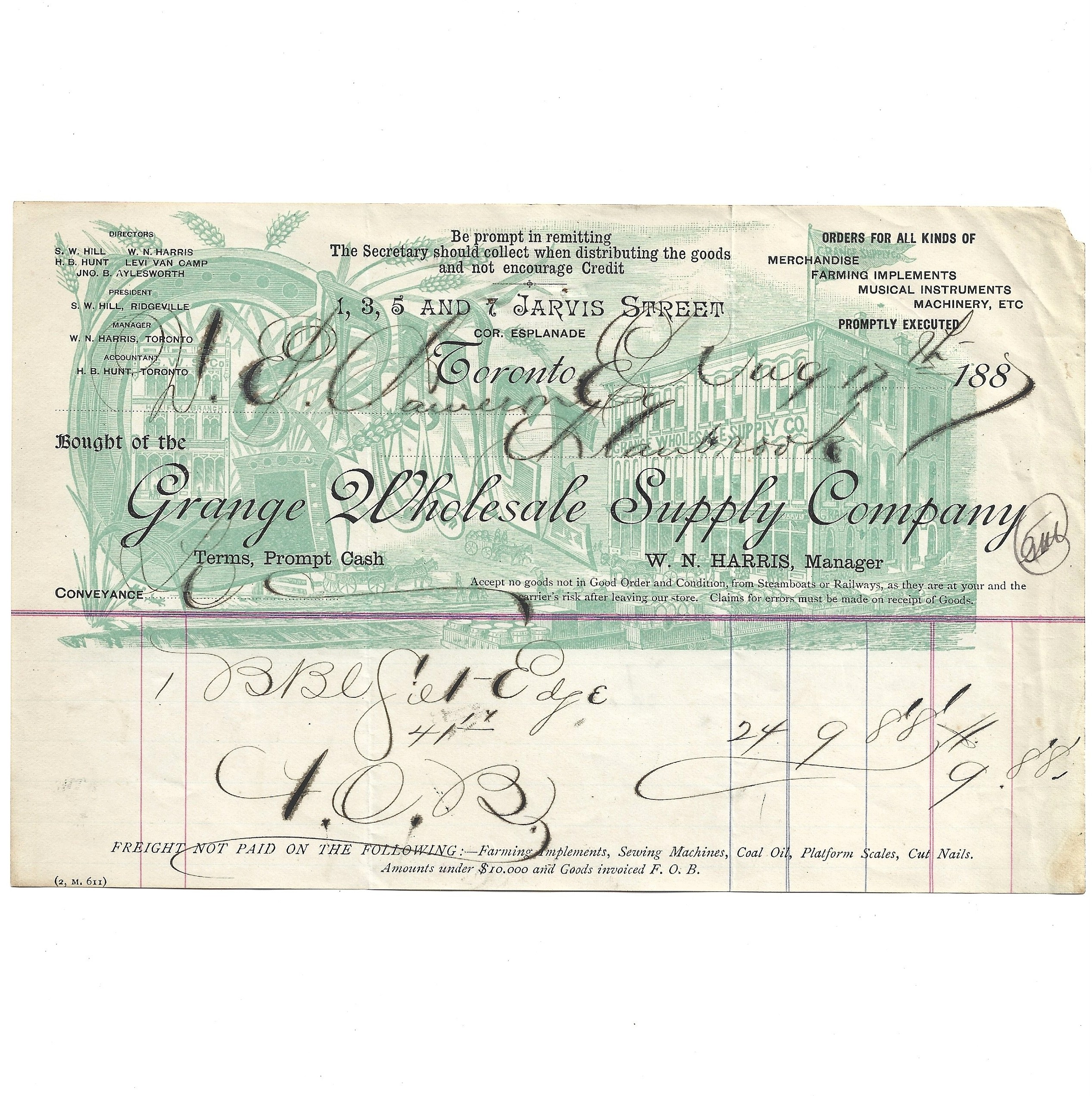 1887 Grange Wholesale Supply Co. Receipt - Parry's Vintage