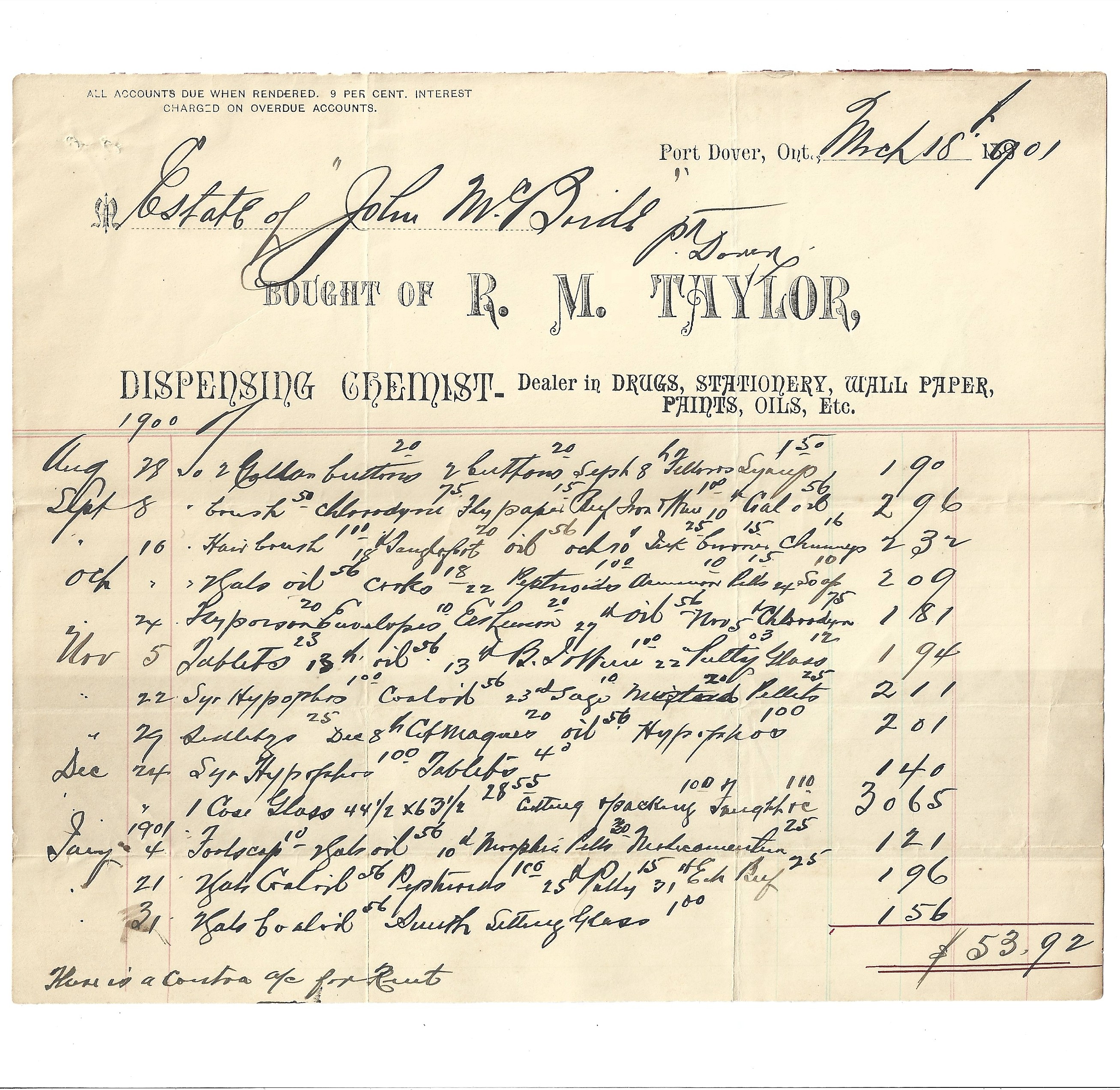 1901 R. M. Taylor Dispensing Chemist Receipt - Parry's Vintage