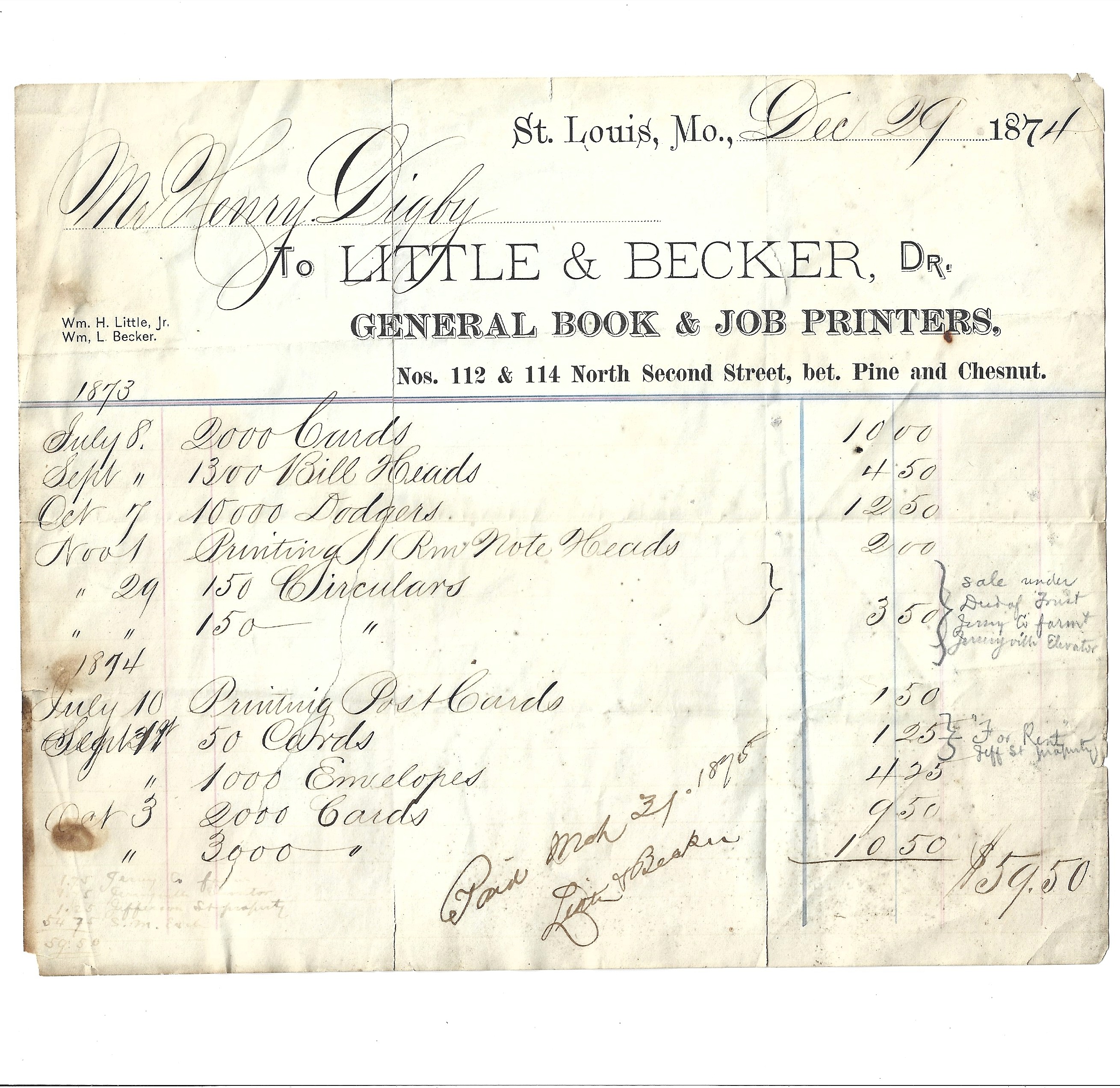 1874 Little & Becker Book & Job Printers Receipt - Parry's Vintage