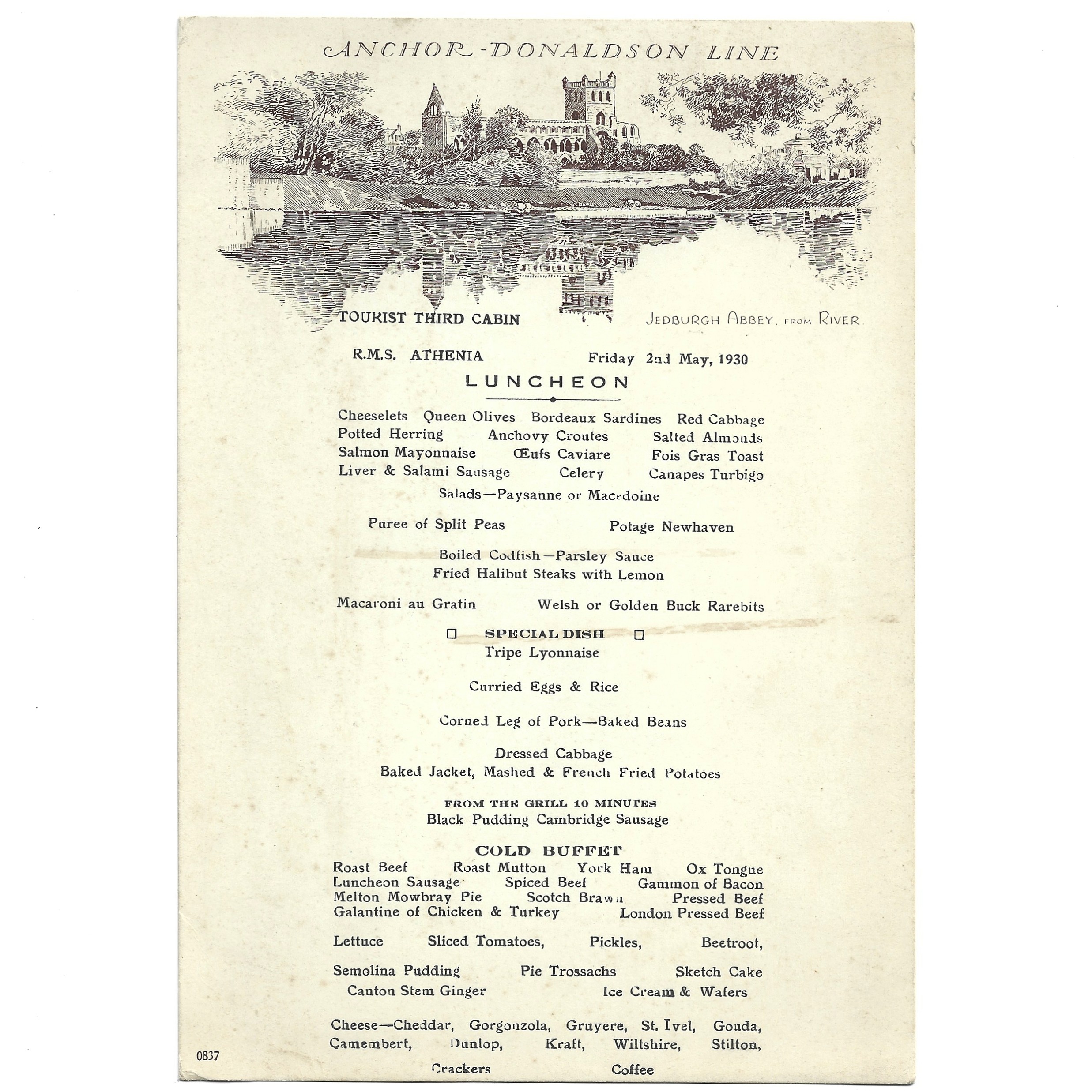 1930 Anchor-Donaldson Line R.M.S. Athenia Menu - Parry's Vintage