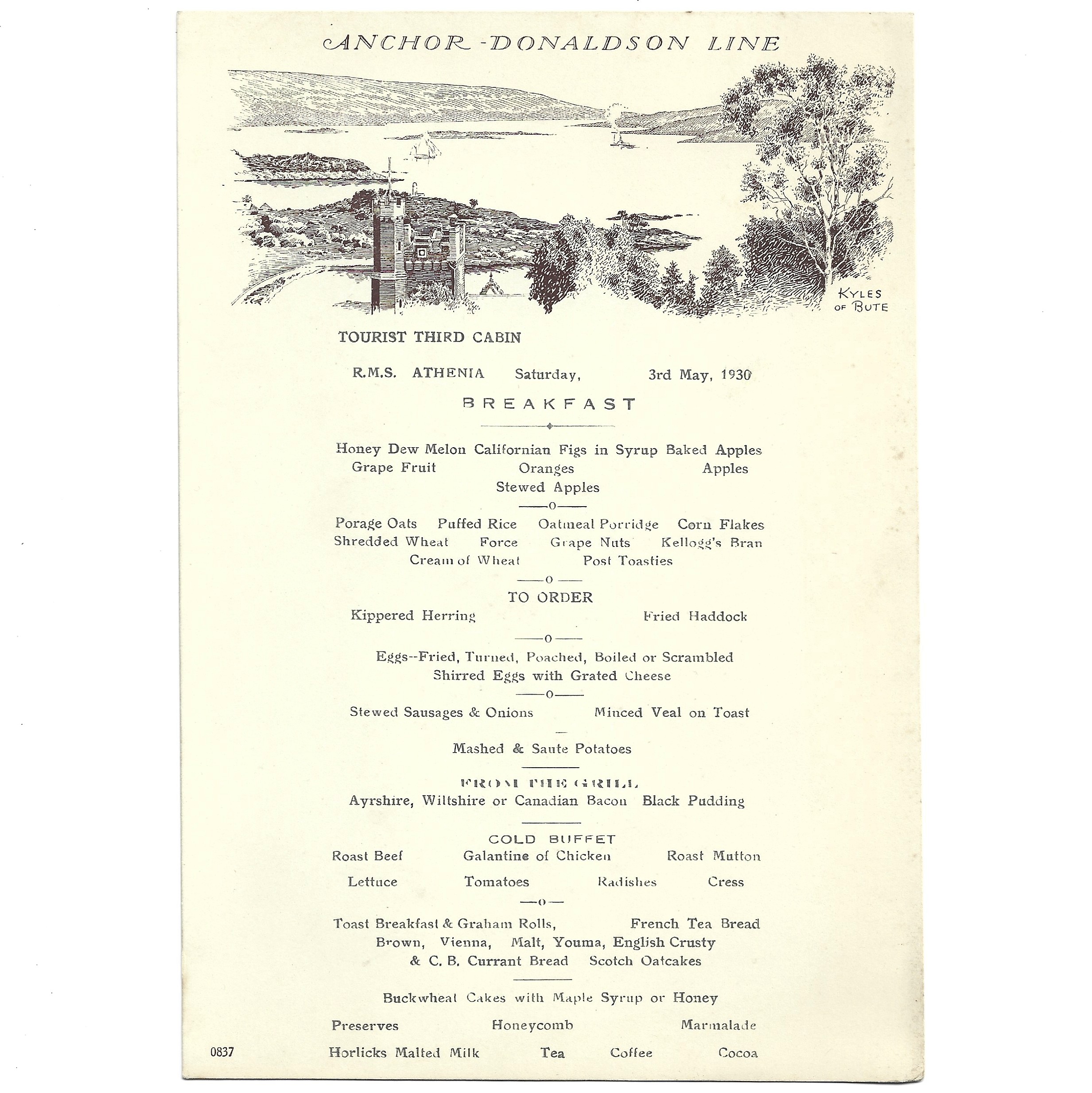 1930 Anchor-Donaldson Line R.M.S. Athenia Menu - Parry's Vintage