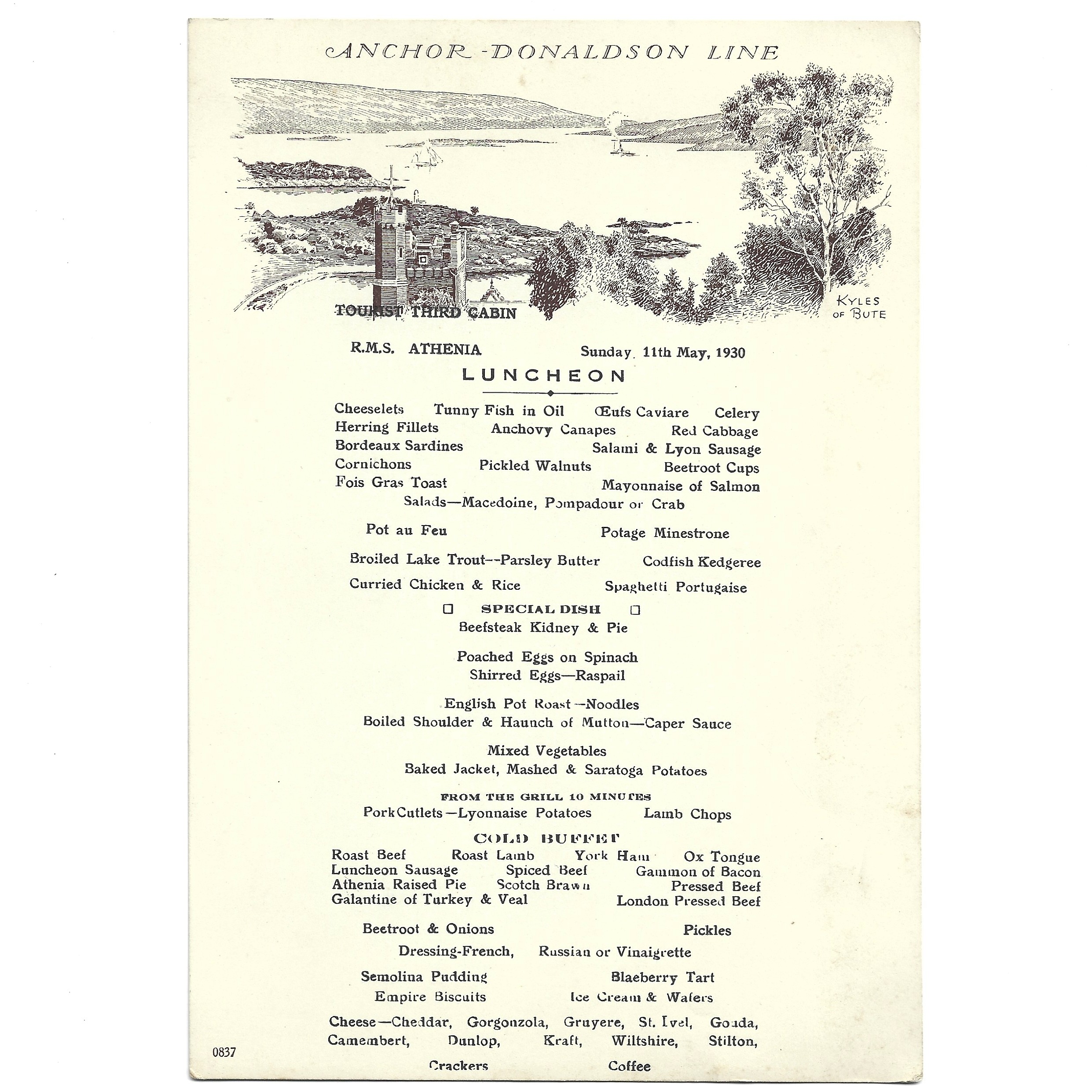 1930 Anchor-Donaldson Line R.M.S. Athenia Menu - Parry's Vintage